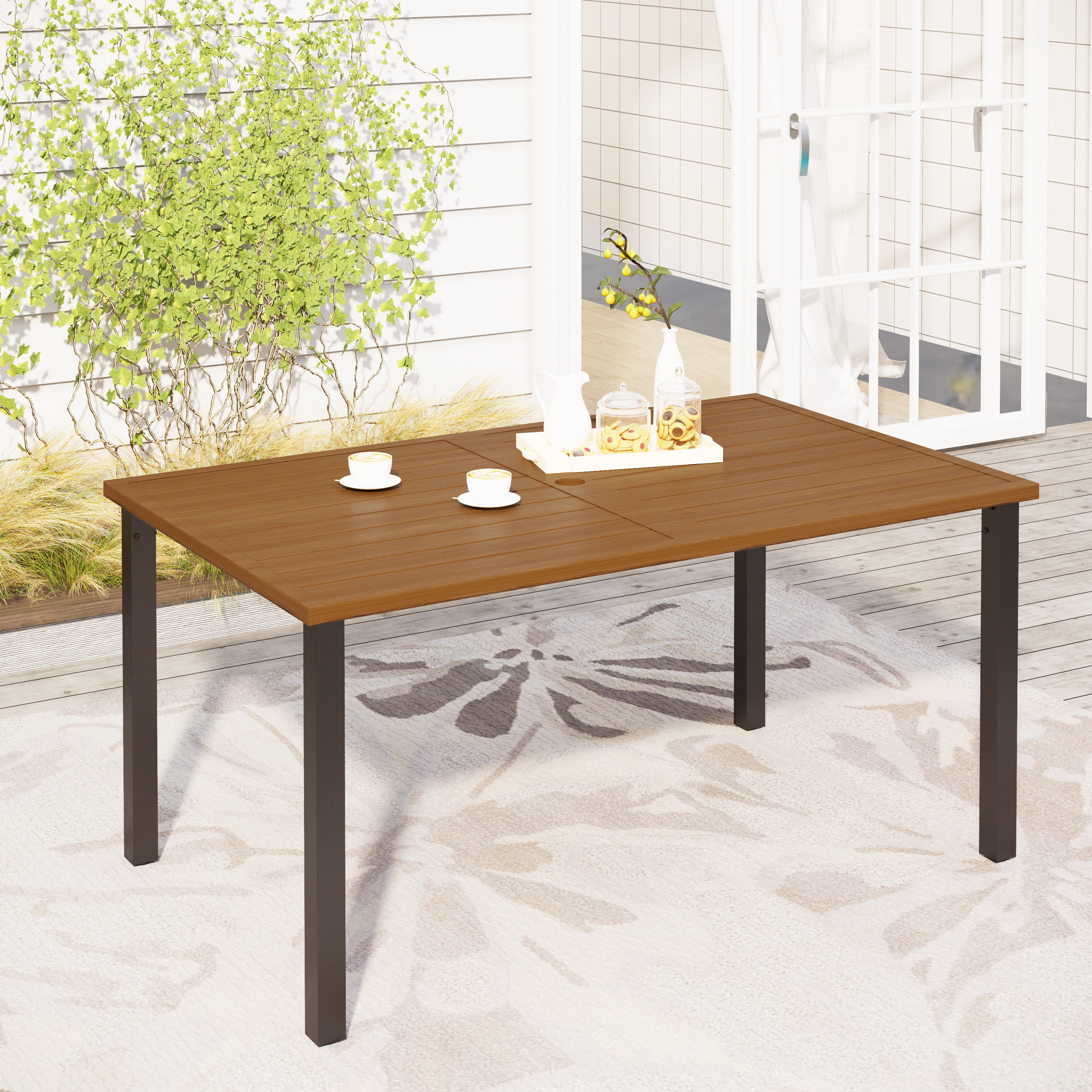 Hokku Designs Romio Metal Frame Wood-like Outdoor Patio Dining Table ...