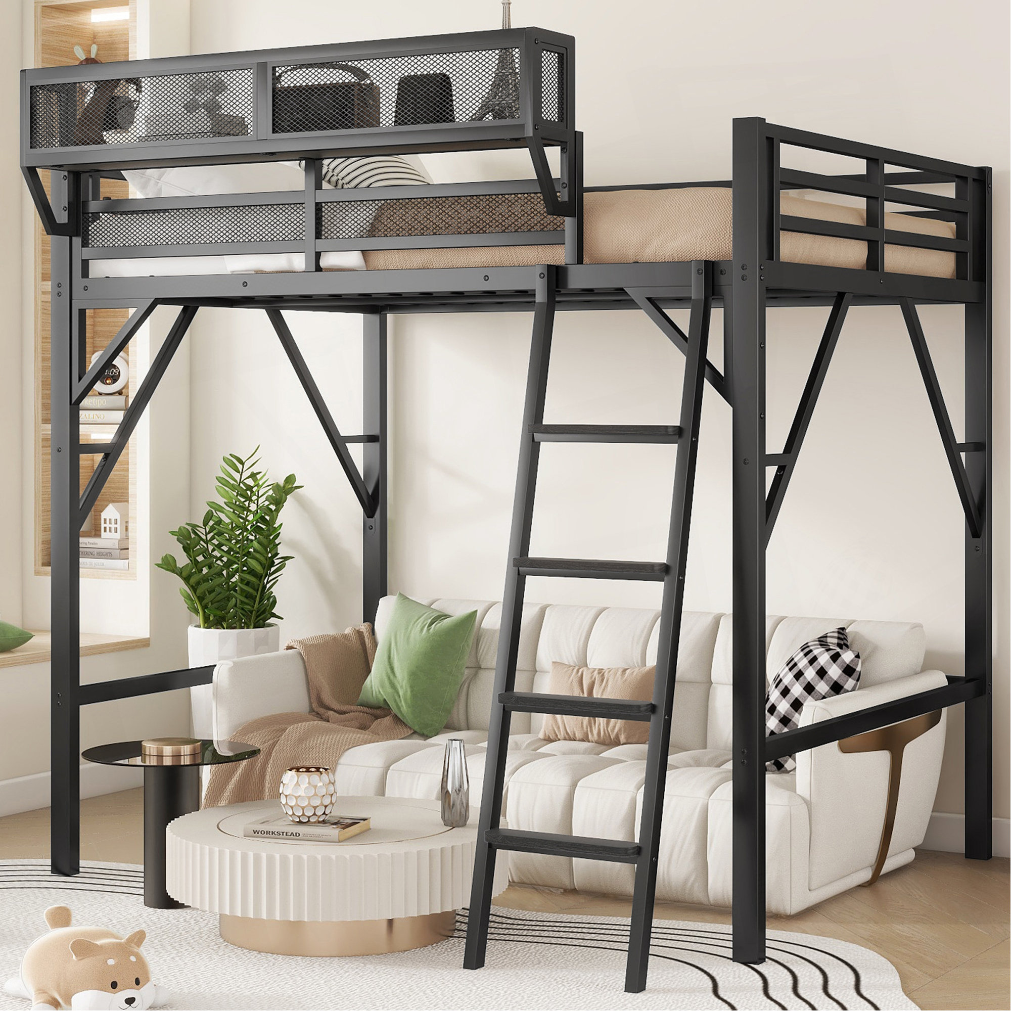 Mason & Marbles Loft Bed With Ladder, Metal Queen Loft Bed With Storage ...
