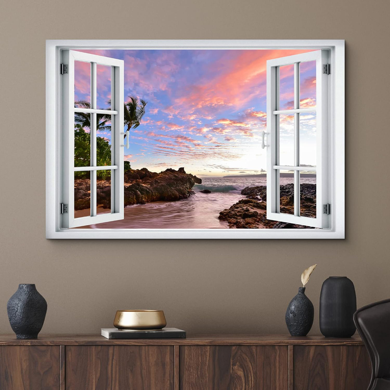 IDEA4WALL Window Scenery " Window View Caribbean Tropical Island Sunset ...