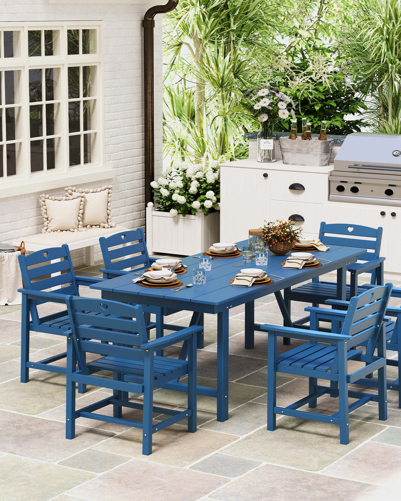 Wildon Home® Patio Table and Chairs Set with Umbrella Hole, HDPE Patio ...