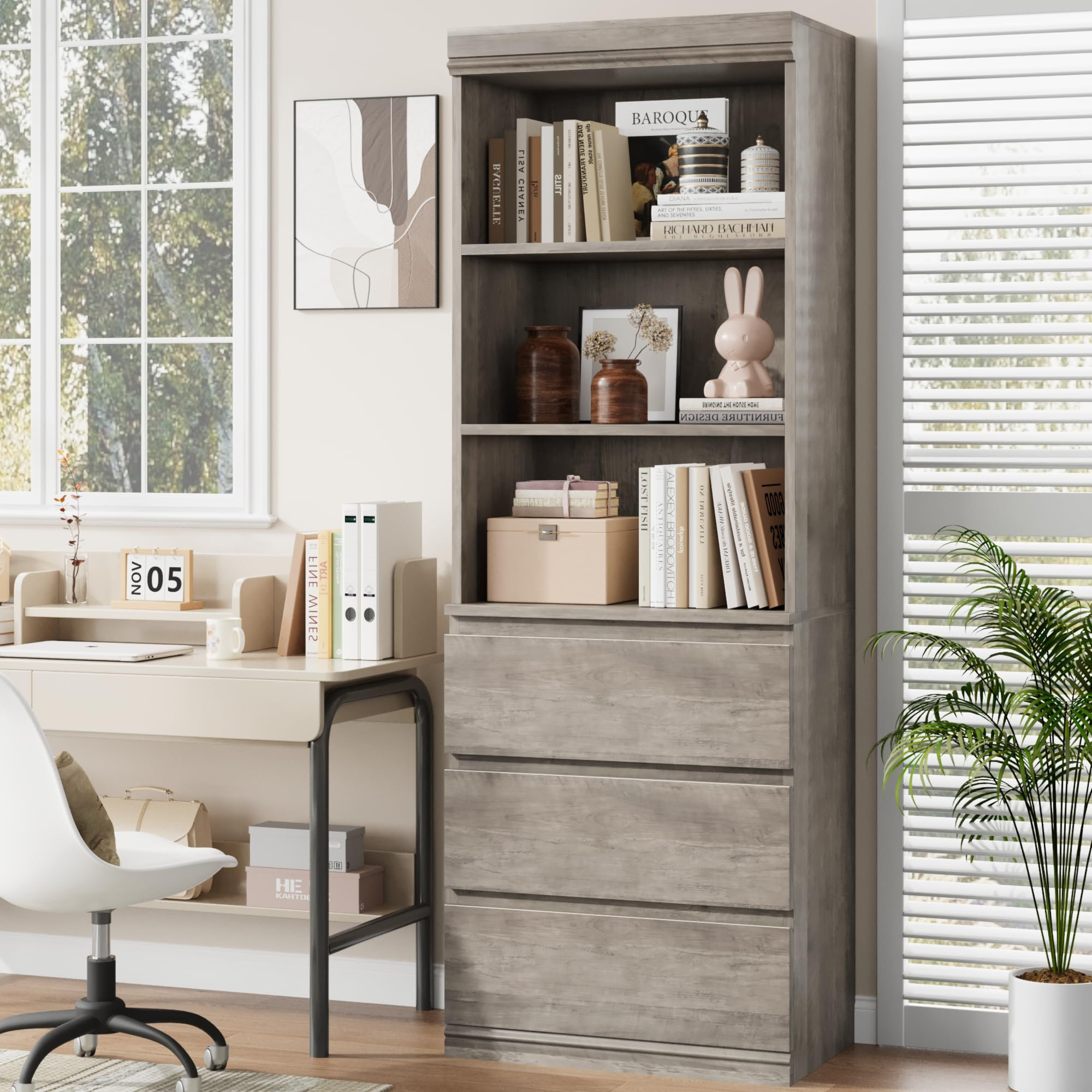 Yuan Home Bookcase With Drawers 70.27 Inches Tall Bookshelf Farmhouse ...