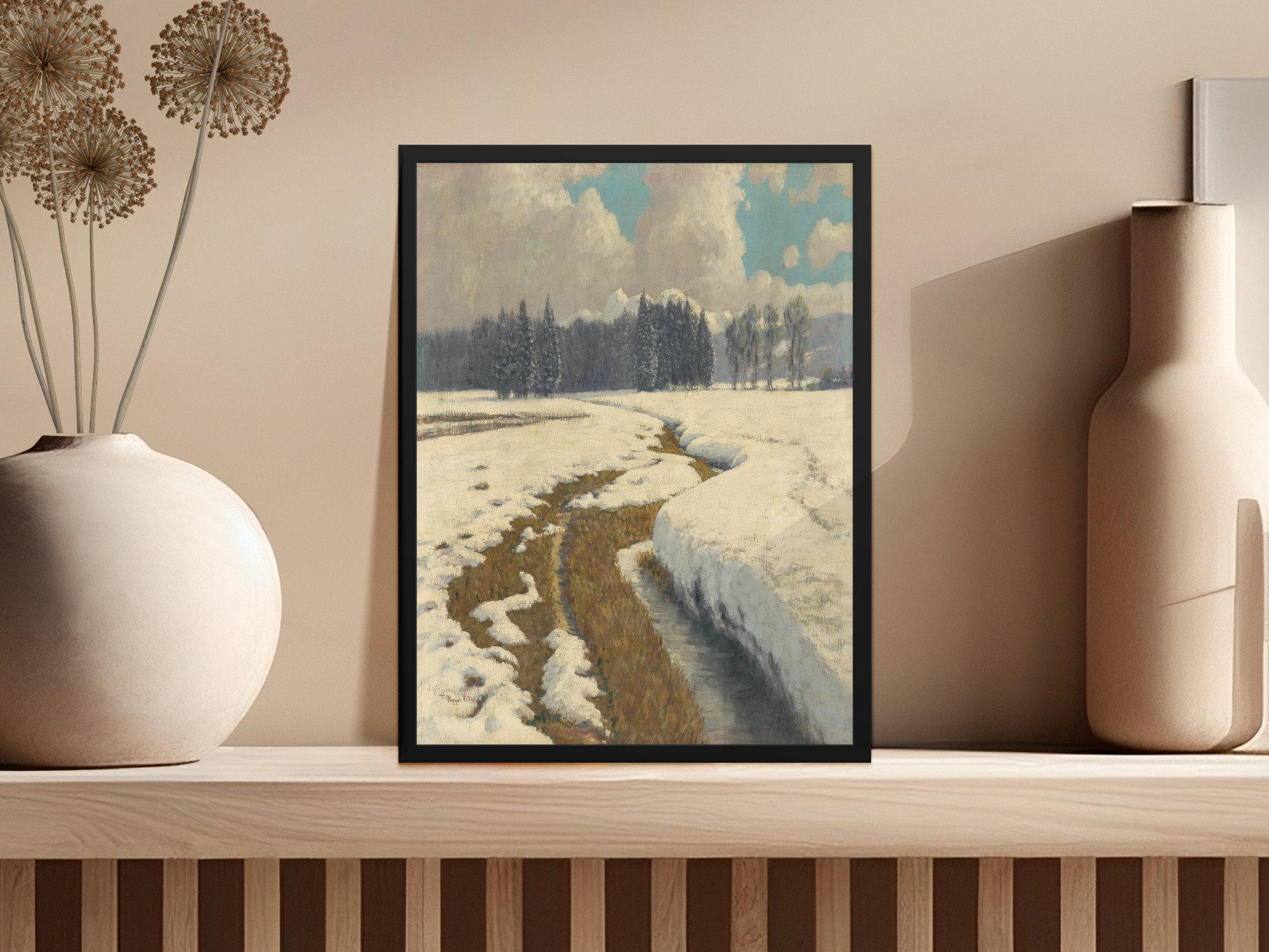 Brayden Studio Winter Landscape Frozen Stream with Mountain Backdrop ...