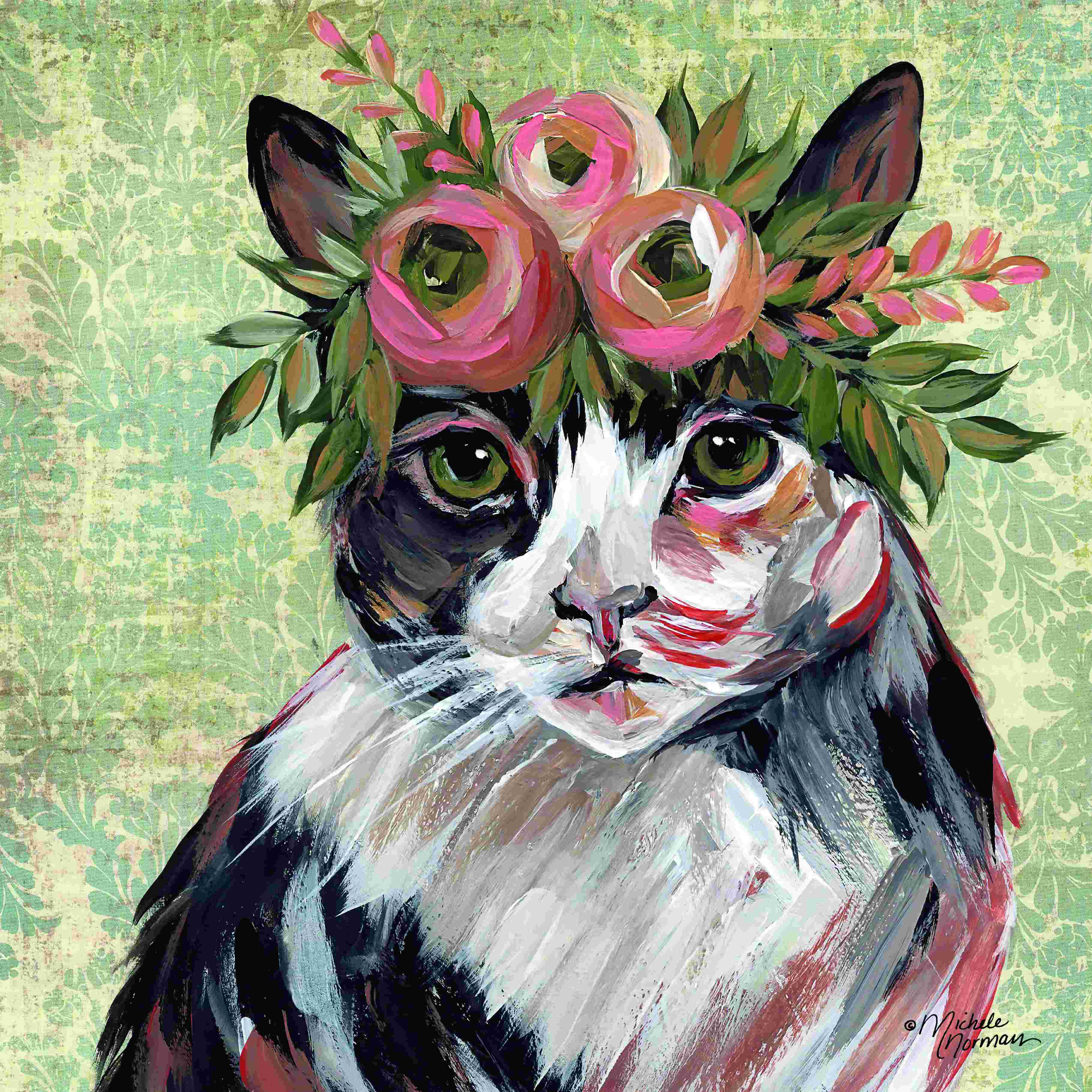 Winston Porter Cat with Floral Crown - Wrapped Canvas Painting | Wayfair