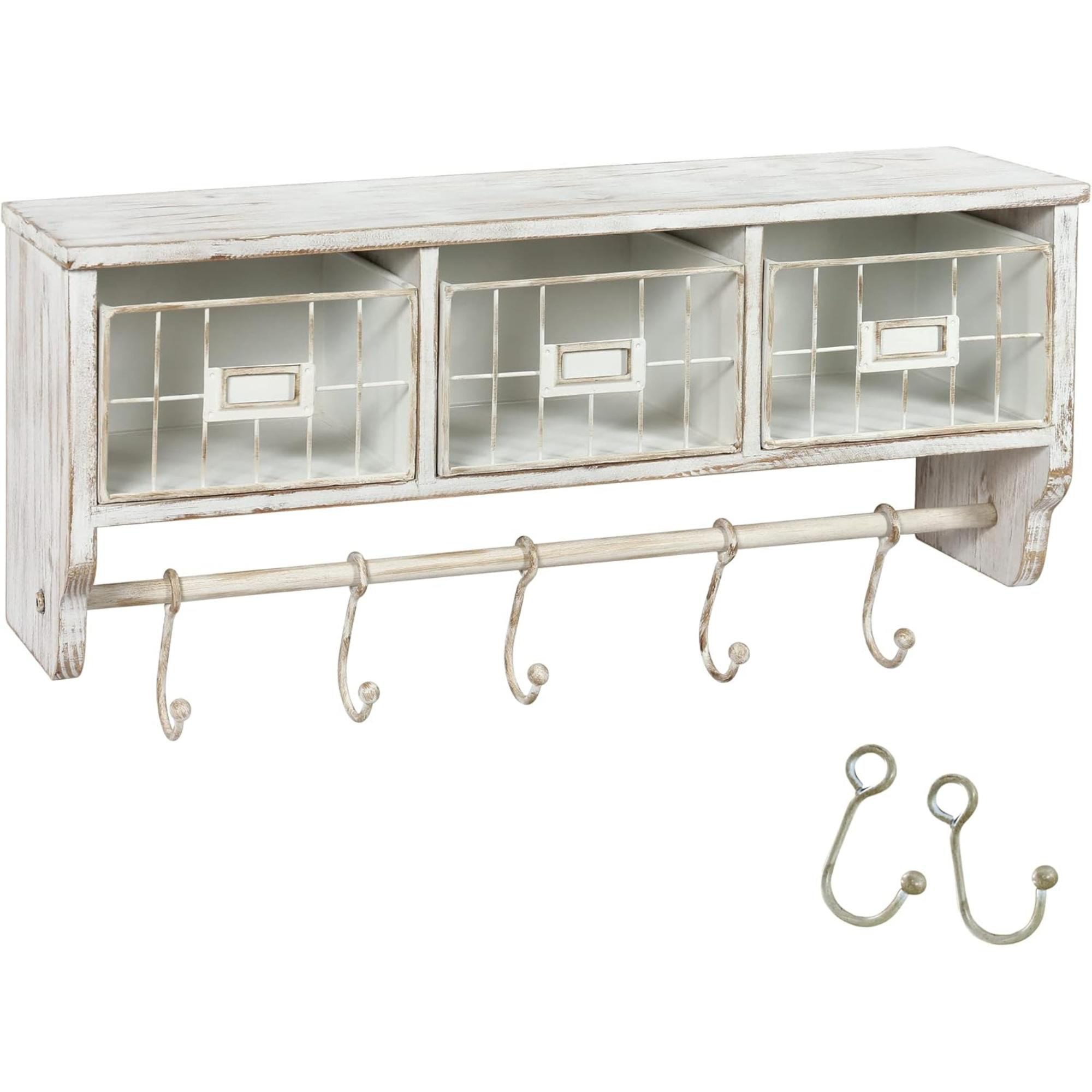 August Grove Wall Mounted Shelf With Coat Hooks And Baskets, Solid Wood ...