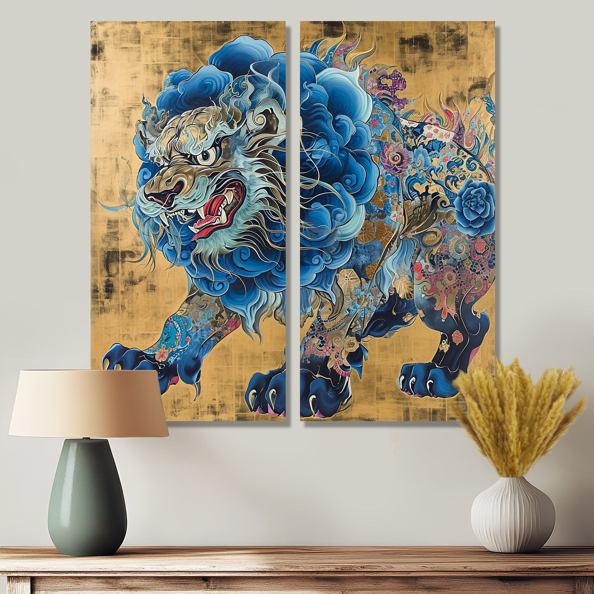 Bungalow Rose Ferocious Lion On Vintage Chinese Gold - Large Asian Art ...