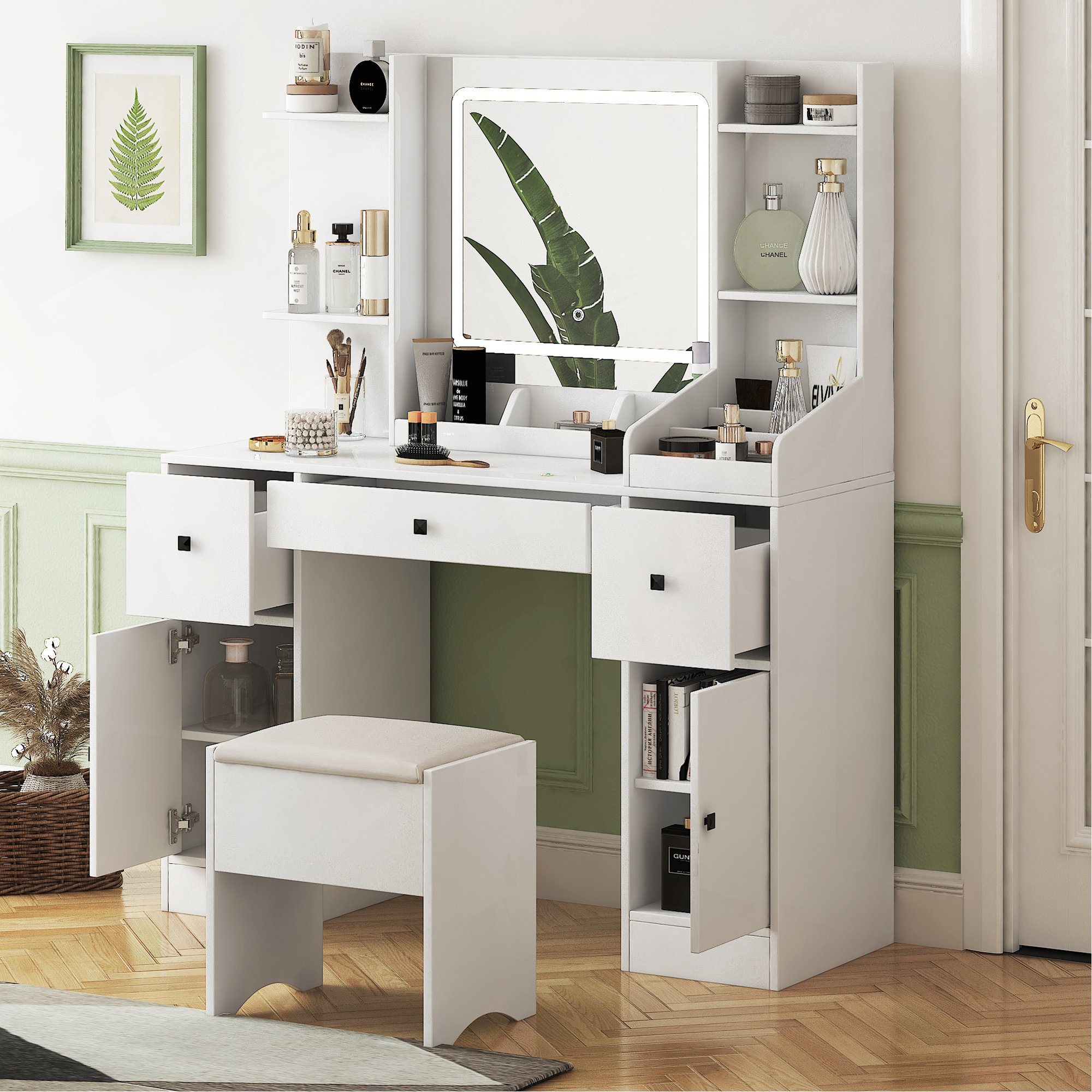 Ivy Bronx Vanity Desk With Mirror And Lights Makeup Desk With Drawers ...