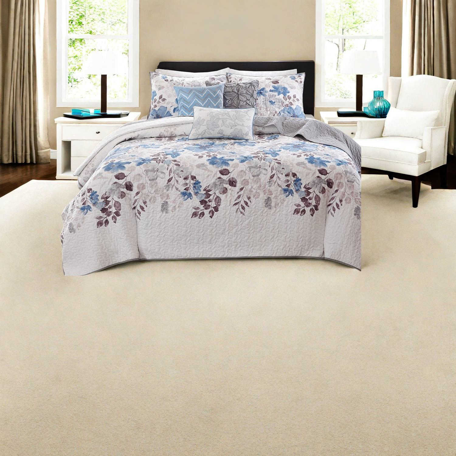 CANJUN Reversible Blue Cotton Bedding Set, Modern Floral Design, For ...