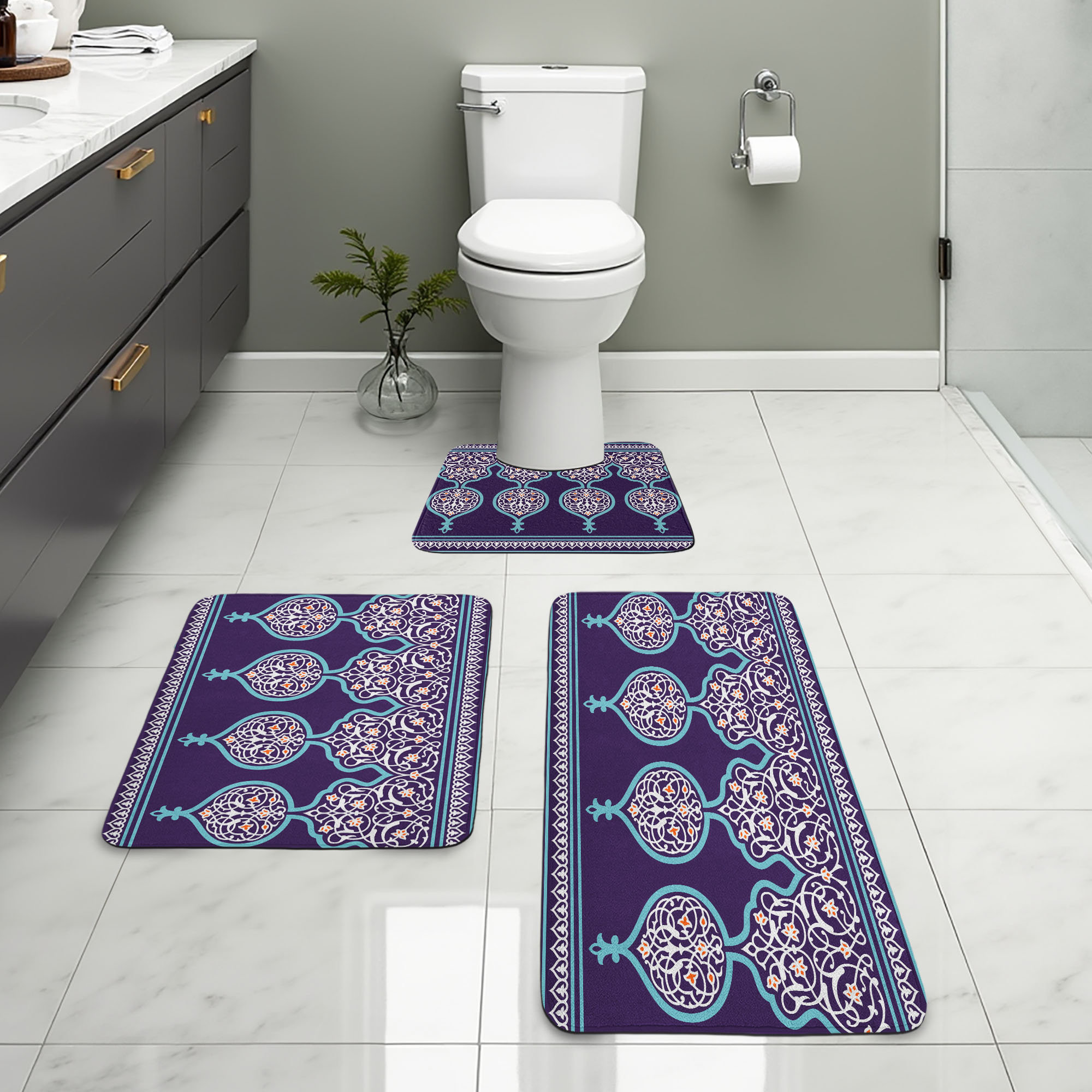 East Urban Home Moroccan Bathroom Rug Set 3 Pieces U-Shape & Rectangle ...