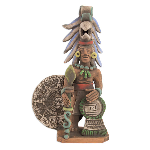 Millwood Pines Khat Ceramic Eagle Warrior with Aztec Calendar Sculpture ...