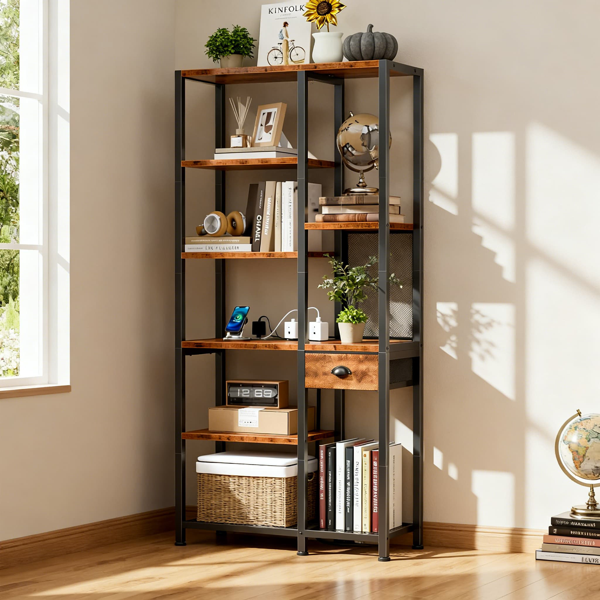 caimen 6-Tier Industrial Bookshelf With Built-In Charging Station, USB ...