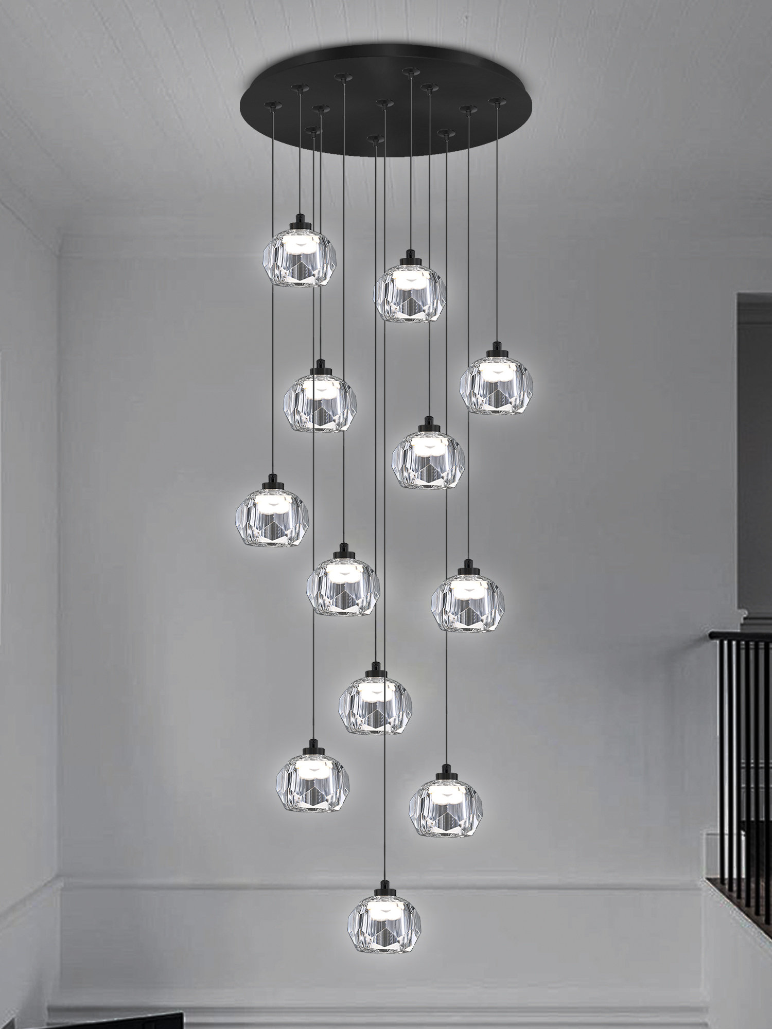 Ivy Bronx D20''x H120''，12-light Black Crystal Ball Chandeliers High ...