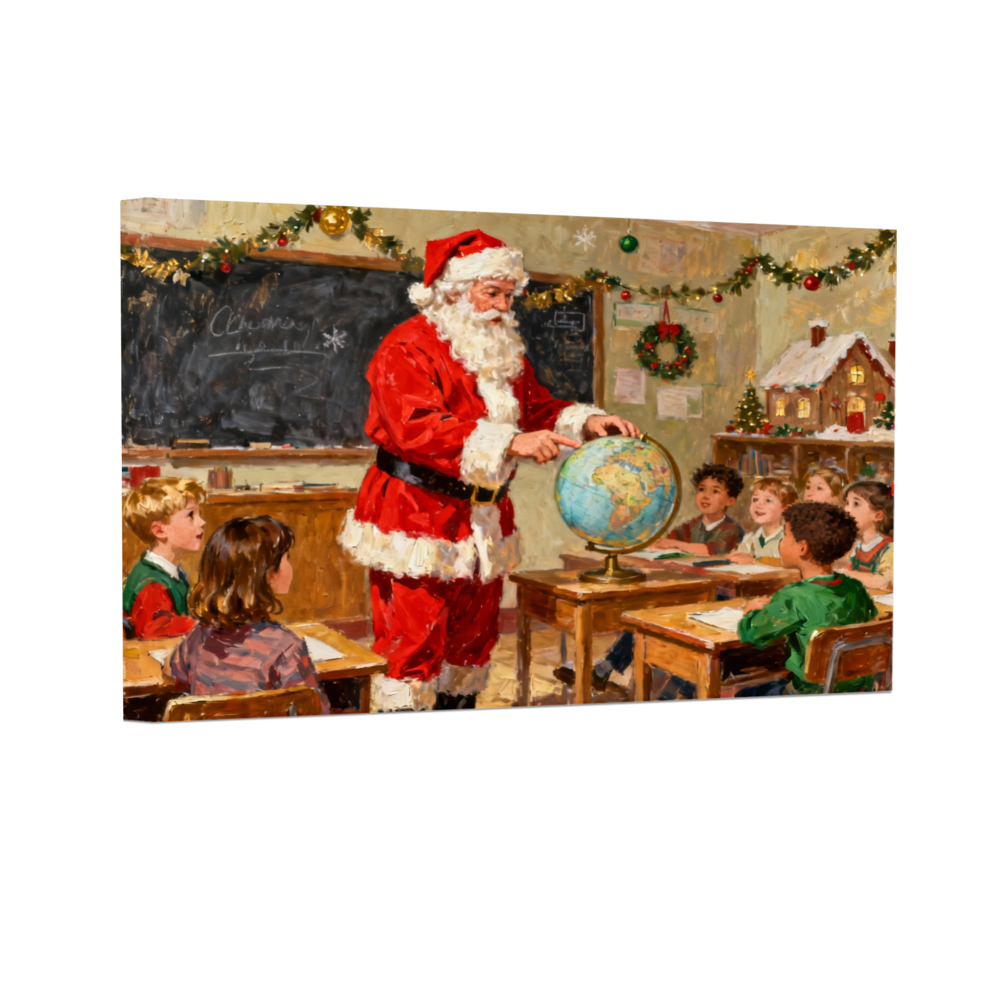 Canora Grey Christmas Santa Claus In Classroom With Children And Globe ...
