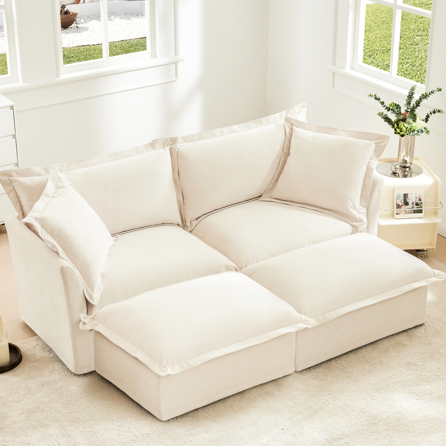 Latitude Run® 2 Seater Bed With Ottomans For Living Room, Chenille ...