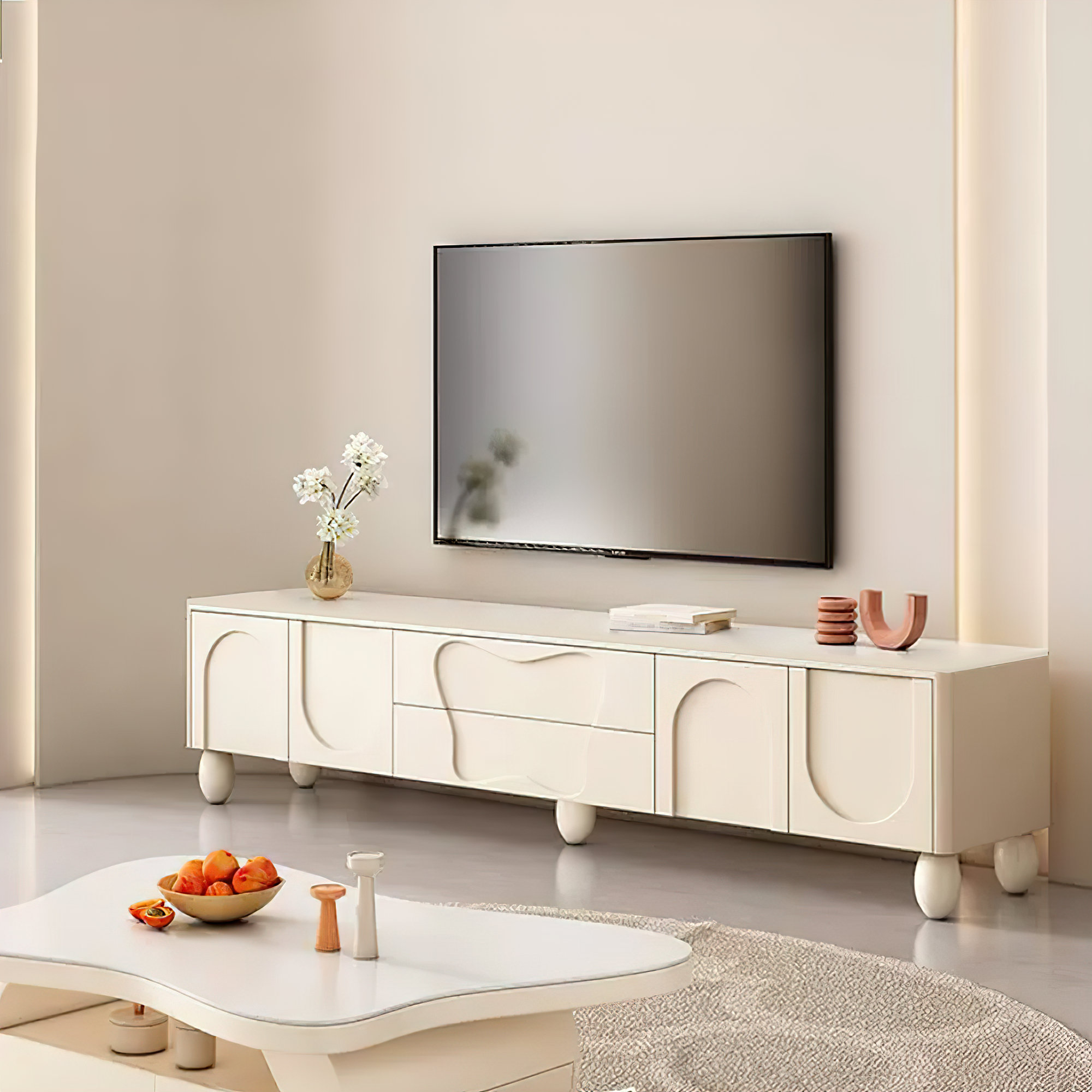 Orren Ellis Creamy Elegance TV Console - Elevate Your Living Space With Style And Storage ...