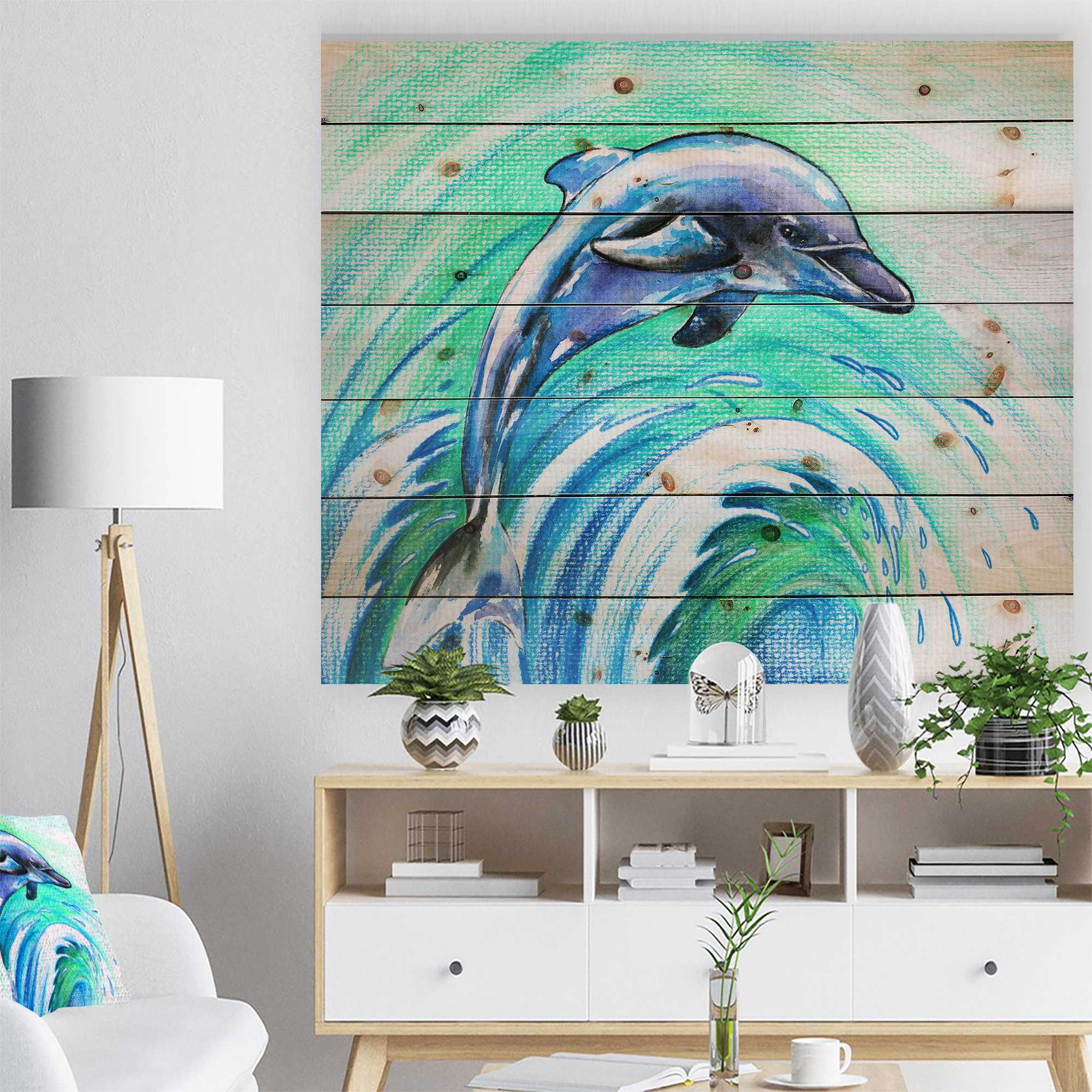 Highland Dunes Jumping Dolphin Watercolor - Traditional Wood Wall Art ...