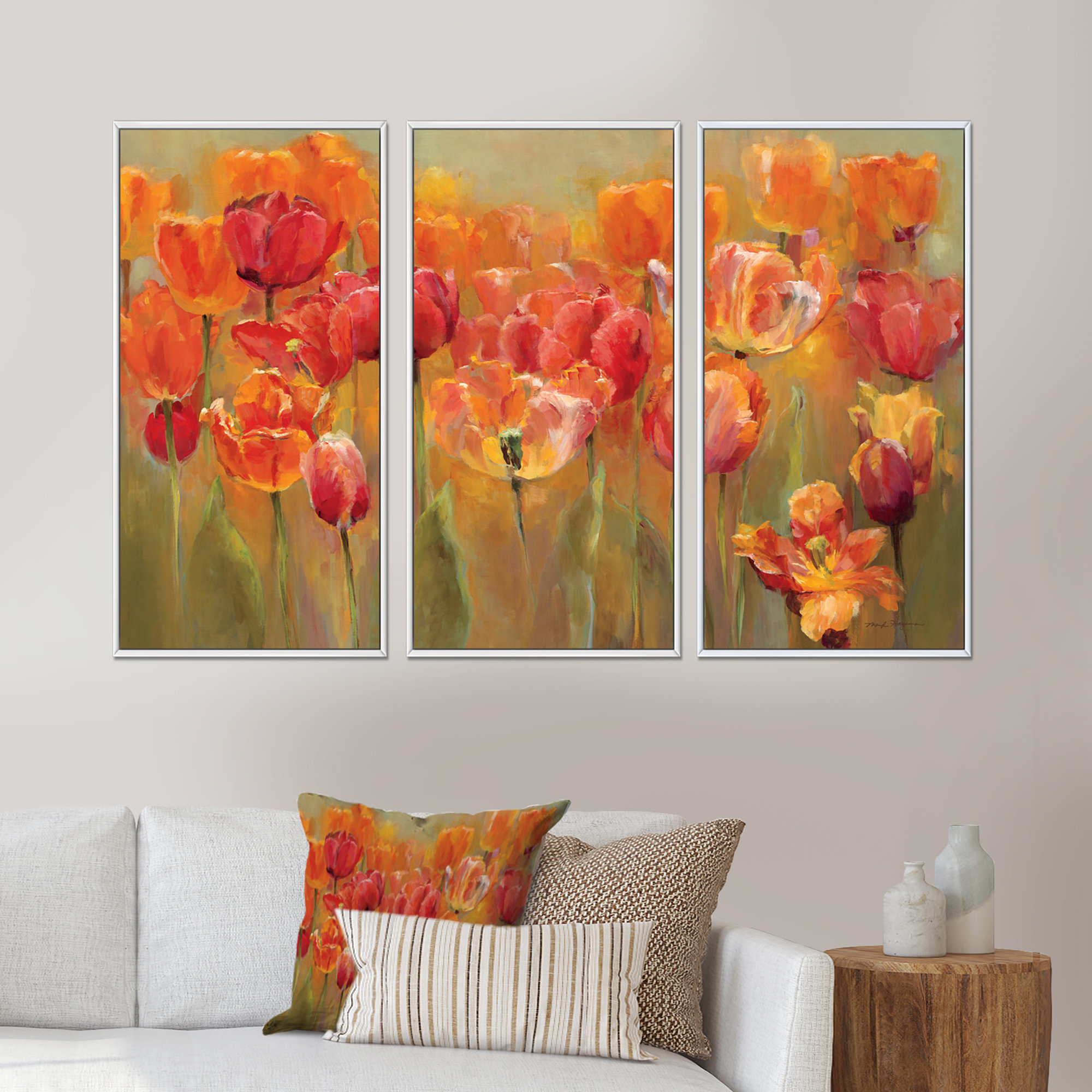 Design Art Red Tulips - Traditional Framed Canvas Wall Art Set Of 3 ...