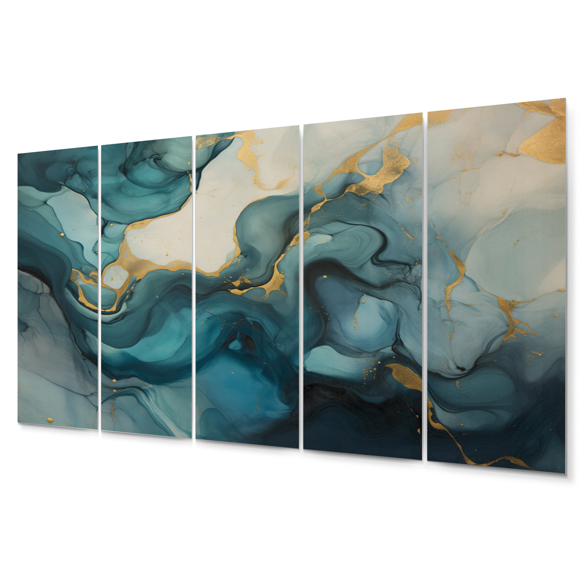 Mercer41 Turquoise Gold Infused Marble V - Fractals Metal Wall Art Set ...