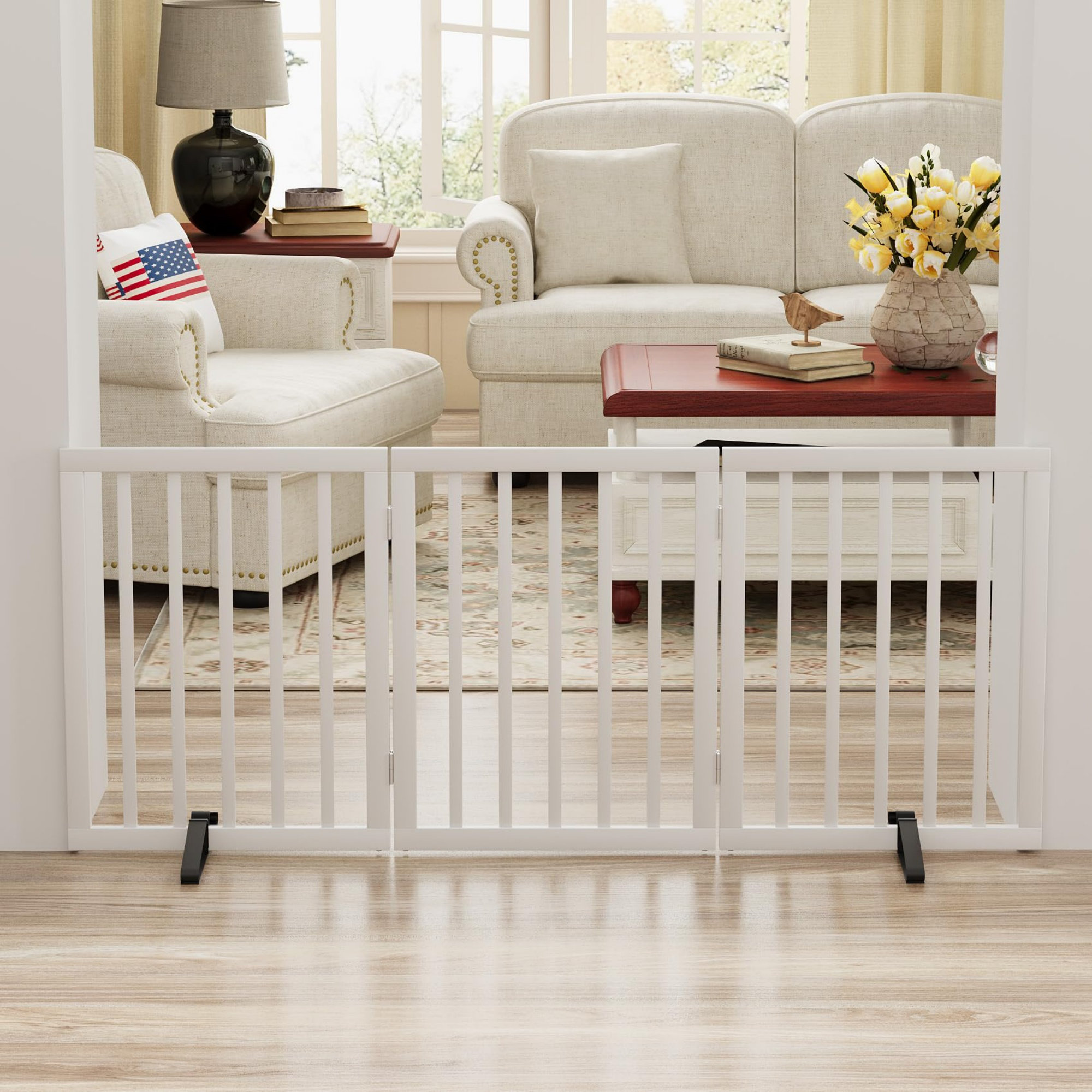 Ebern Designs Freestanding Foldable Pet Gate Extra Wide Adjustable Dog ...