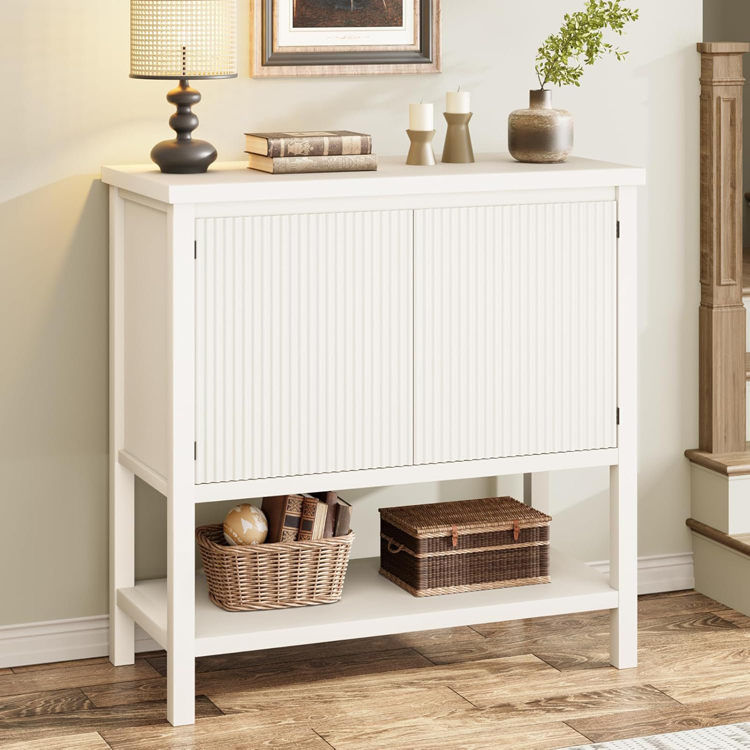 Ebern Designs Farmhouse Console Table With Storage - 2 Fluted Door Cabinet, Entryway Sofa Table ...