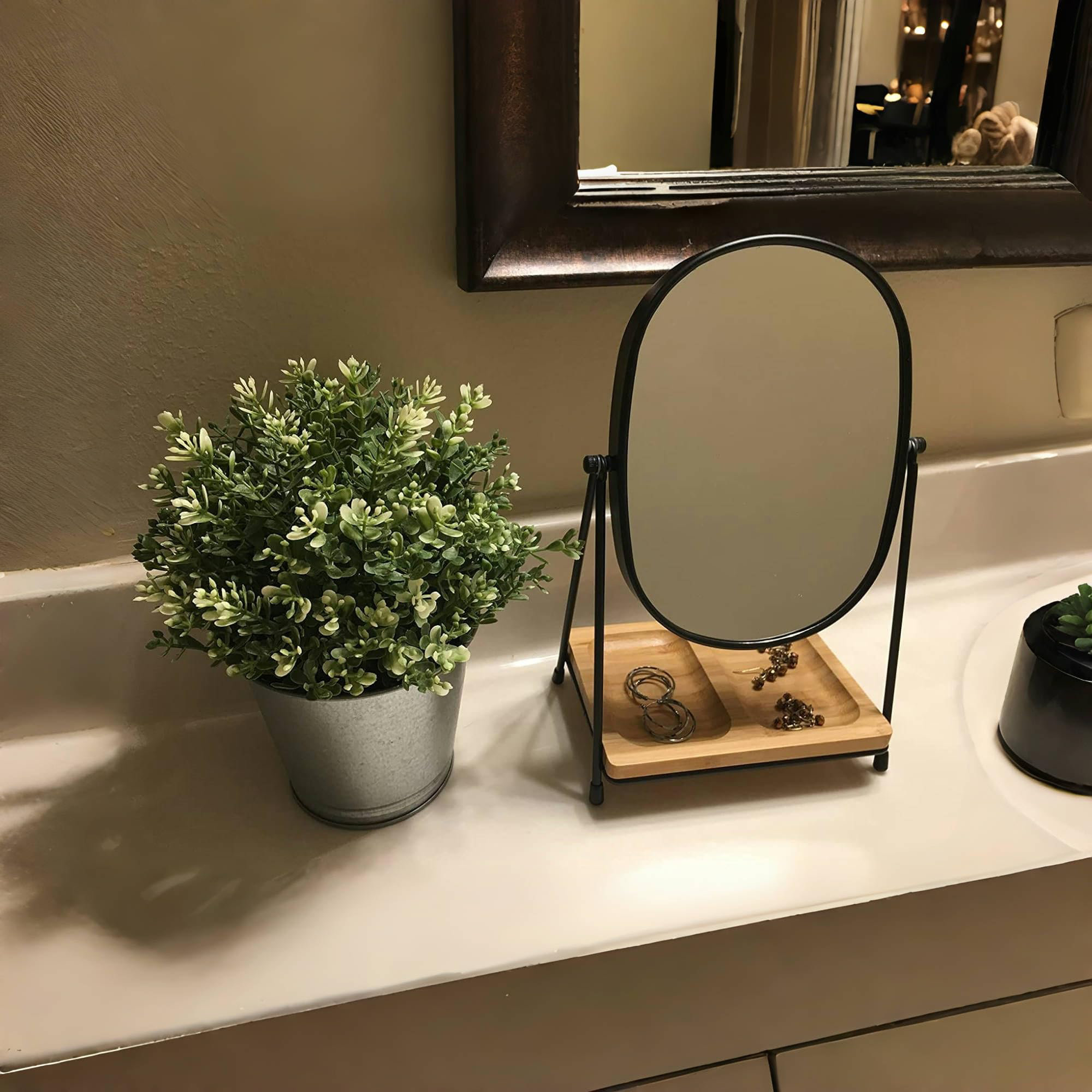 17 Stories Tabletop 5X/1X Magnifying Makeup Mirror With Squared Bamboo ...