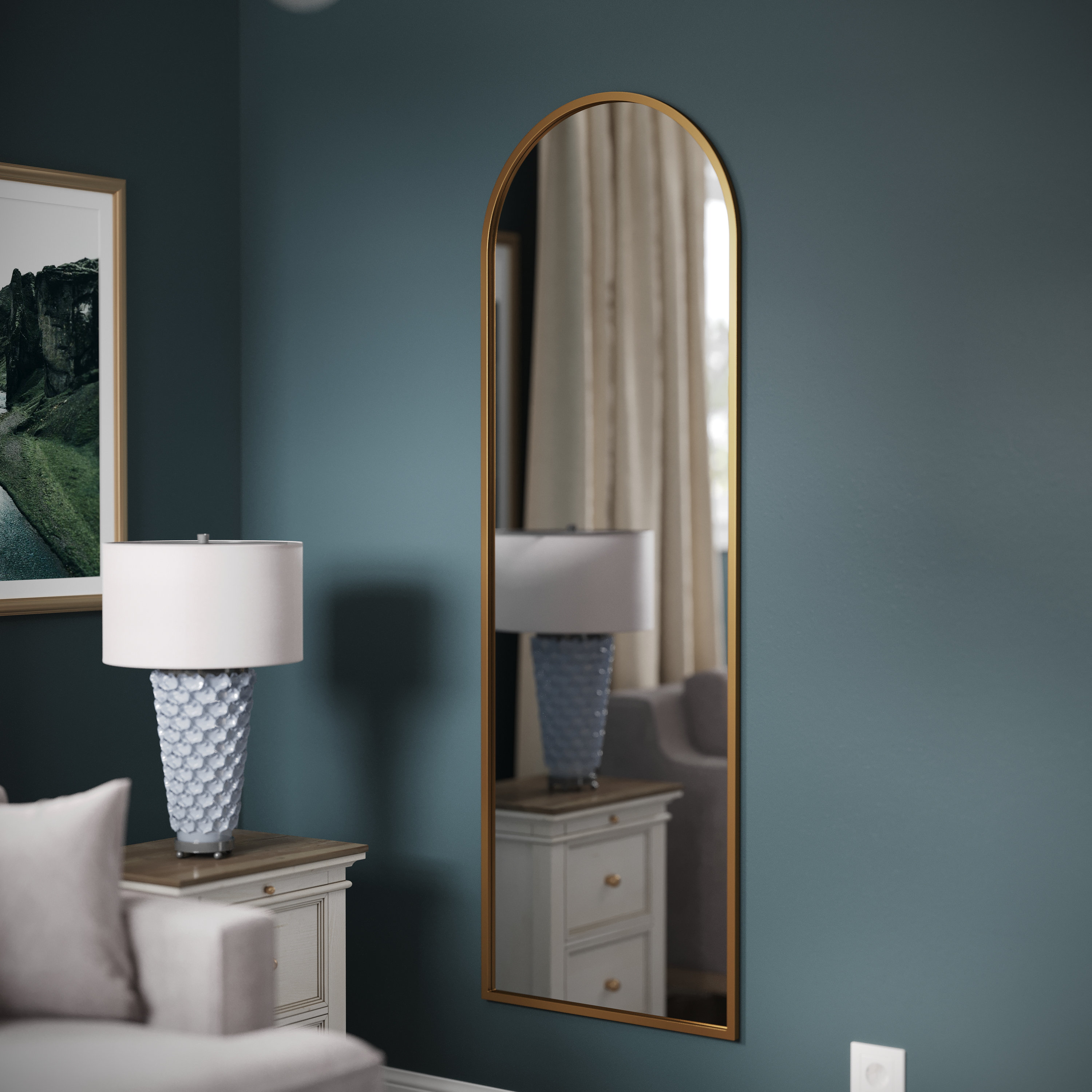 Ebern Designs Mila Wall Mount Arched Mirror with Slim Metal Frame ...