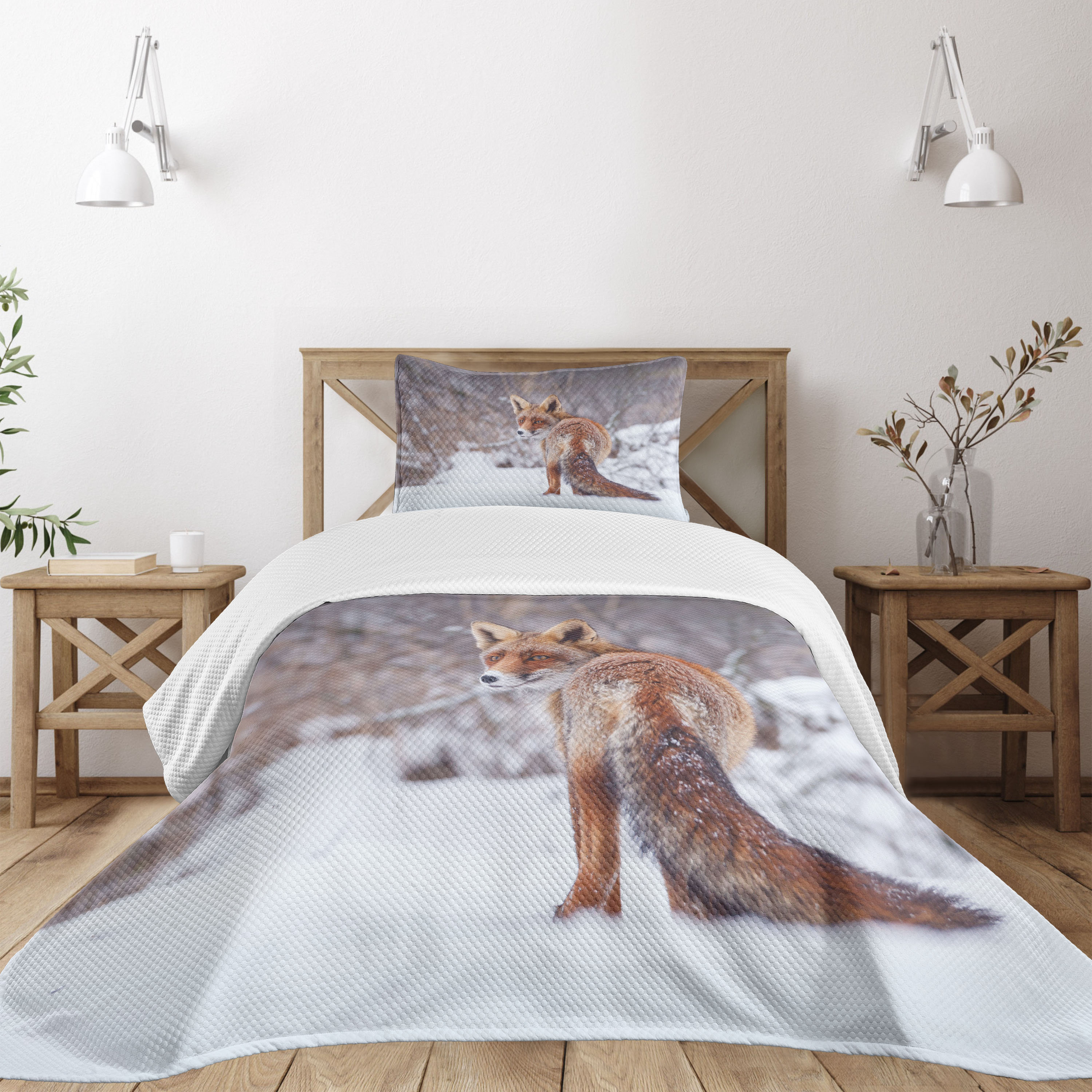 Ambesonne Fox Bedspread Set Snowy Country Furry Animal Redwood Brown ...