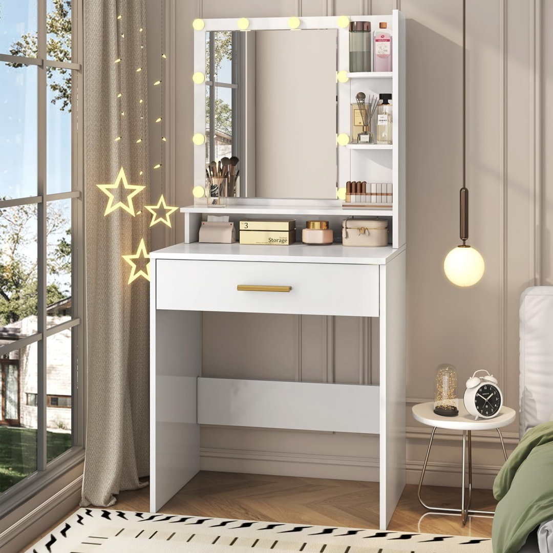 George Oliver Small Vanity Desk With Mirror And Lights, One Drawer ...