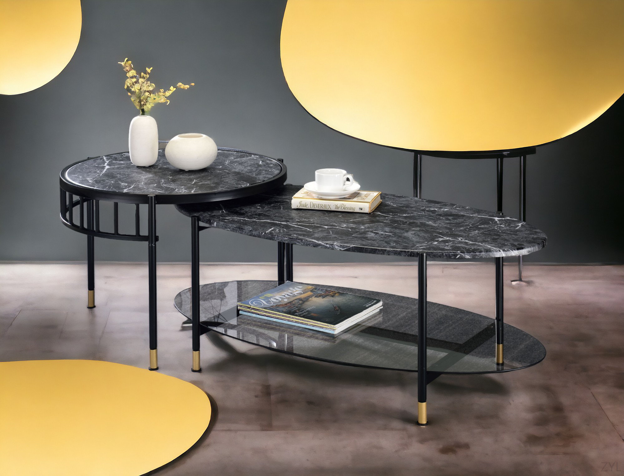 Hokku Designs Silas Engineered Stone Top & Black Finish Nesting Table ...