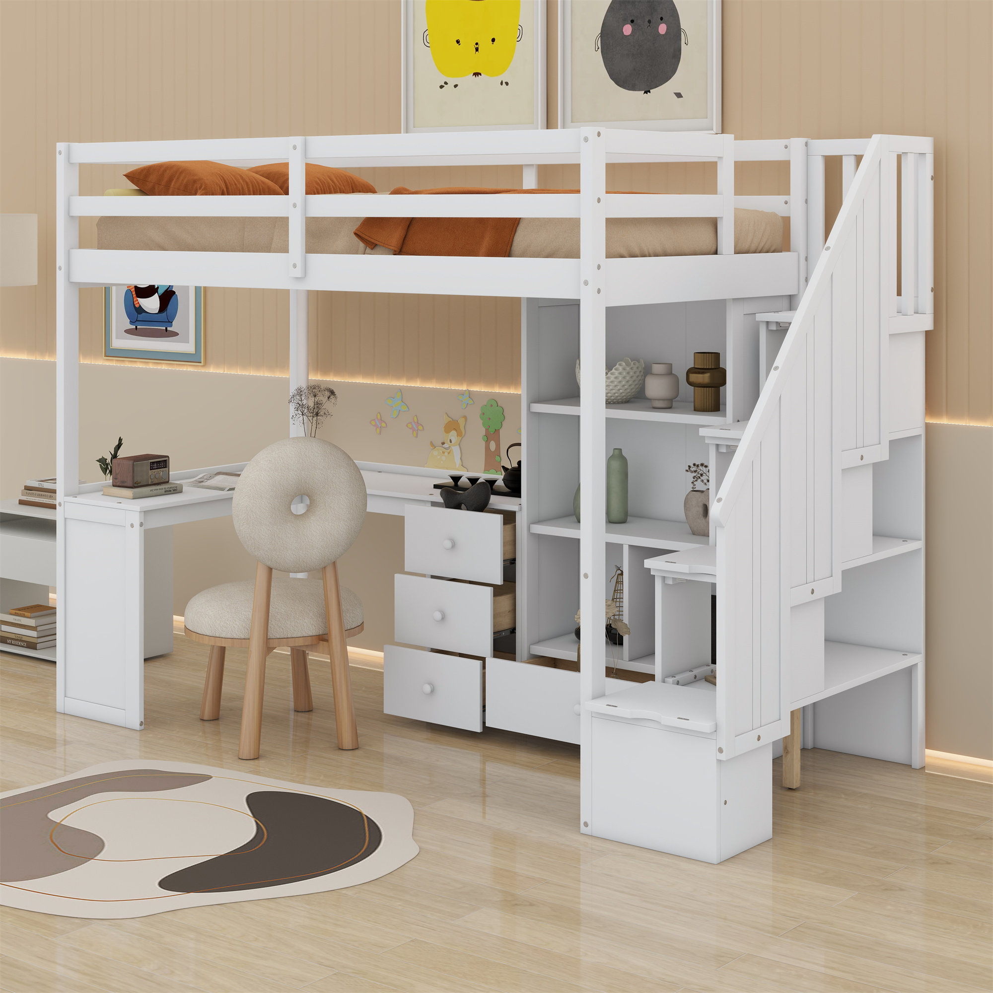 Harriet Bee Loft Bed With L-Shaped Desk And Drawers, Cabinet And ...