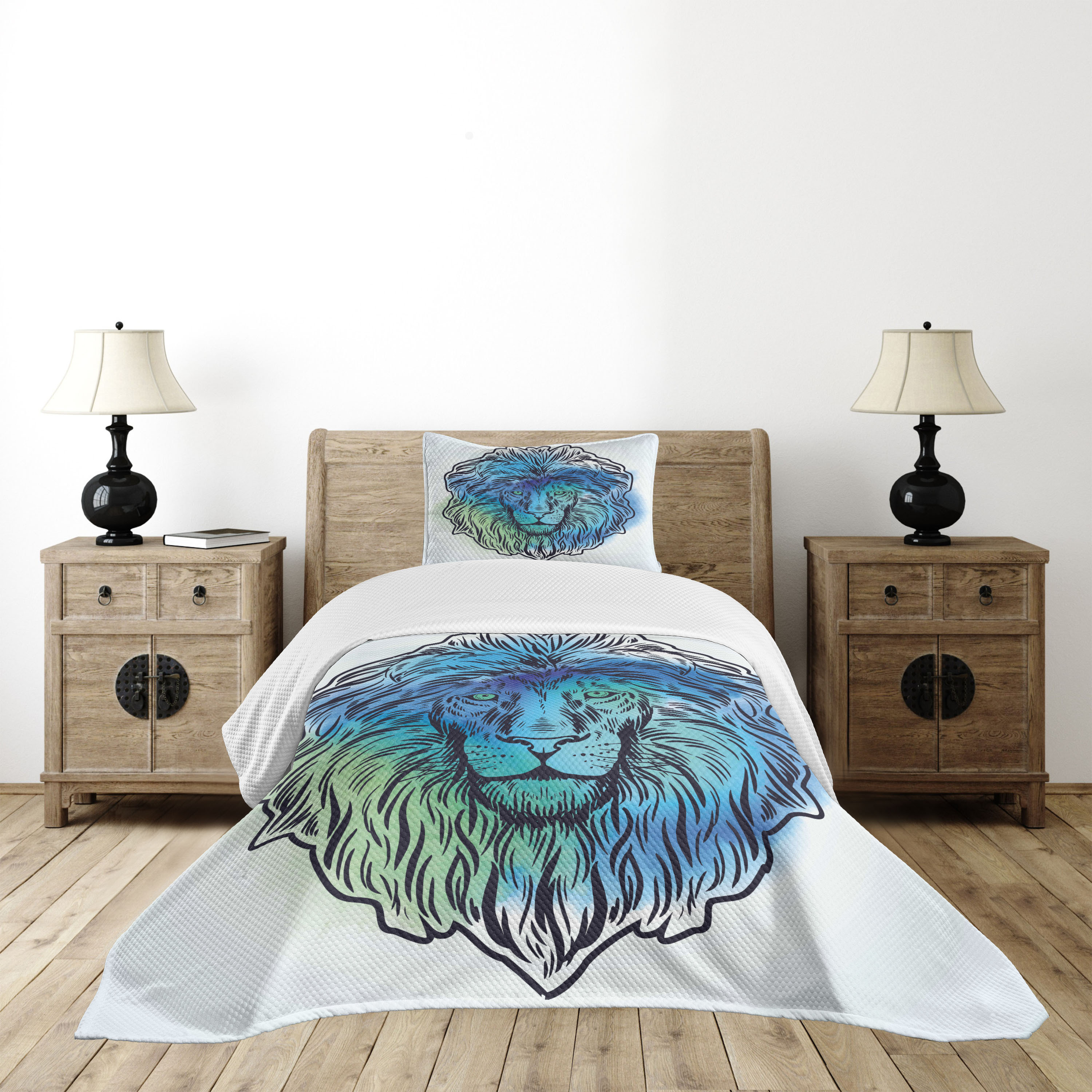 Ambesonne Lion Bedspread Set Portrait of Forest Pale Blue Turquoise ...
