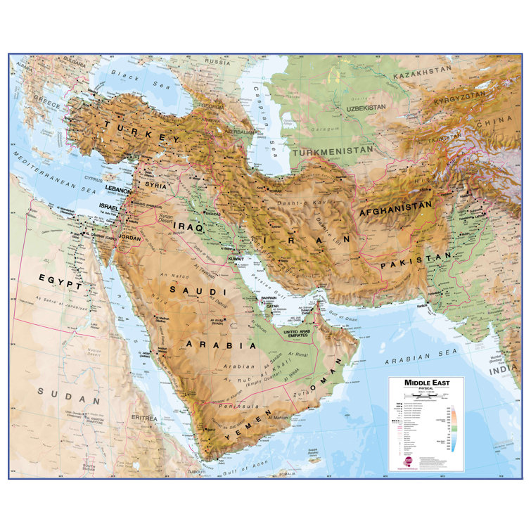 Brayden Studio Large Middle East Wall Map Physical - Unframed Art ...