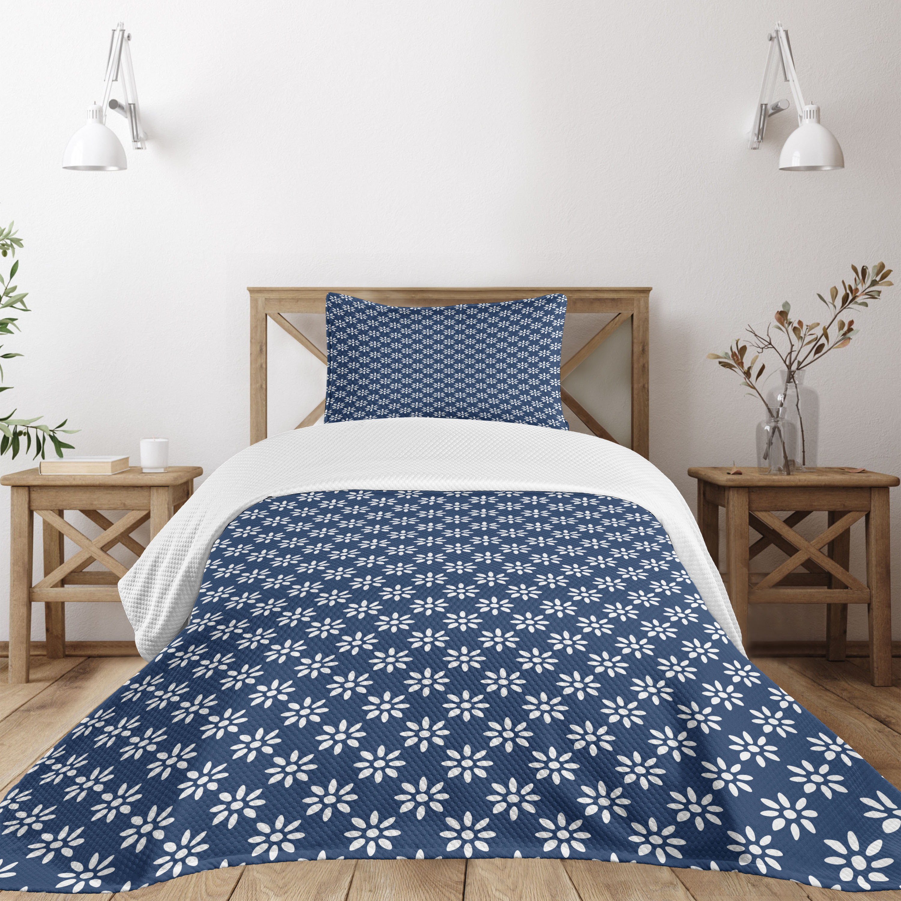 Ambesonne Navy Blue Bedspread Set Daisy Like Flowers Navy Blue and ...