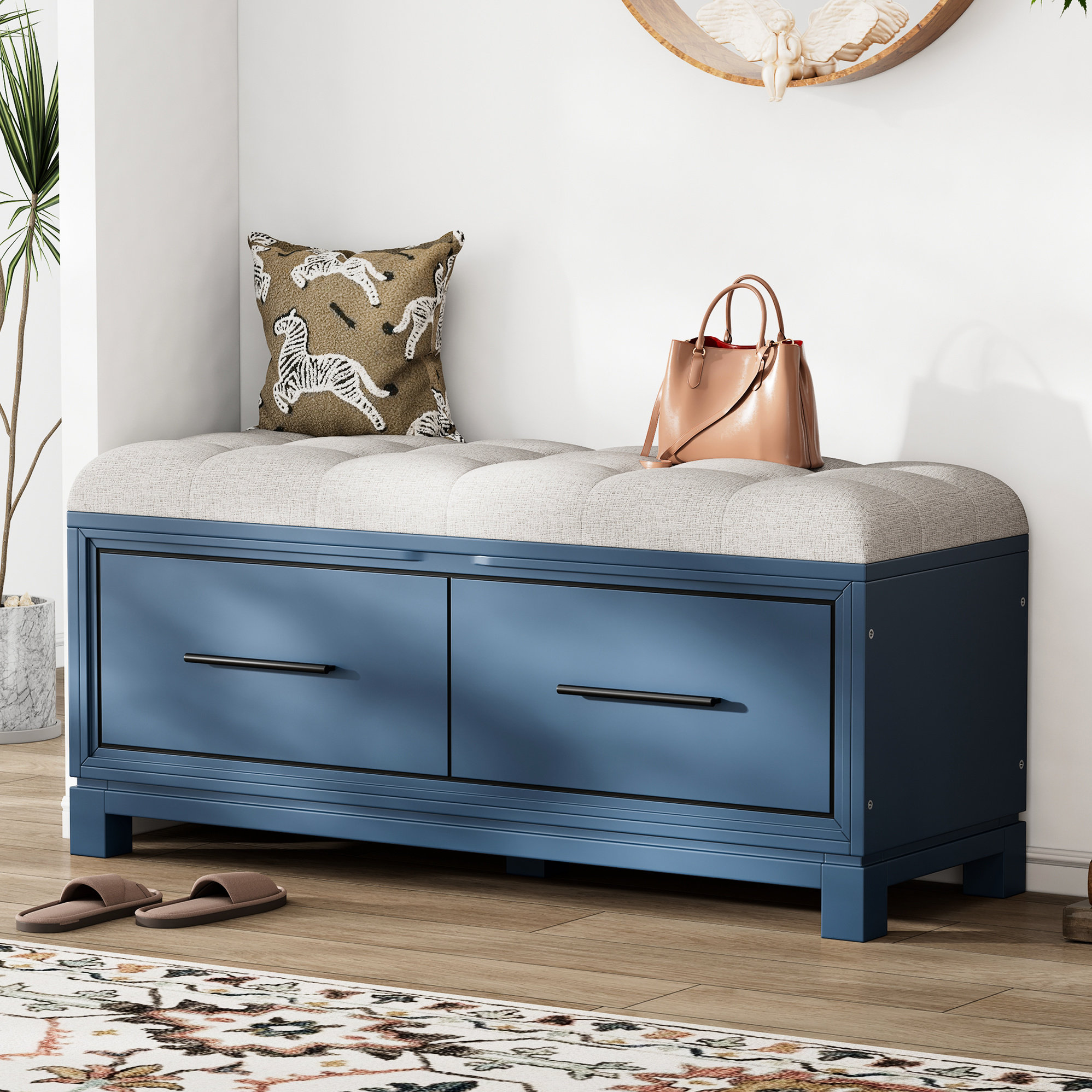 Latitude Run® Ample Storage Navy Bench With Removable Seat Cushion ...