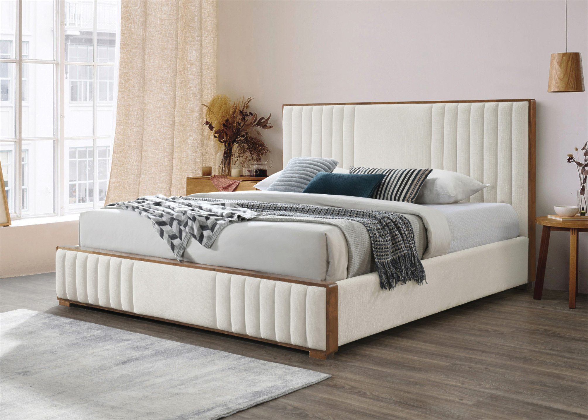 Latitude Run® Kaleea Beige Chenille & Walnut Finish Queen Bed | Wayfair