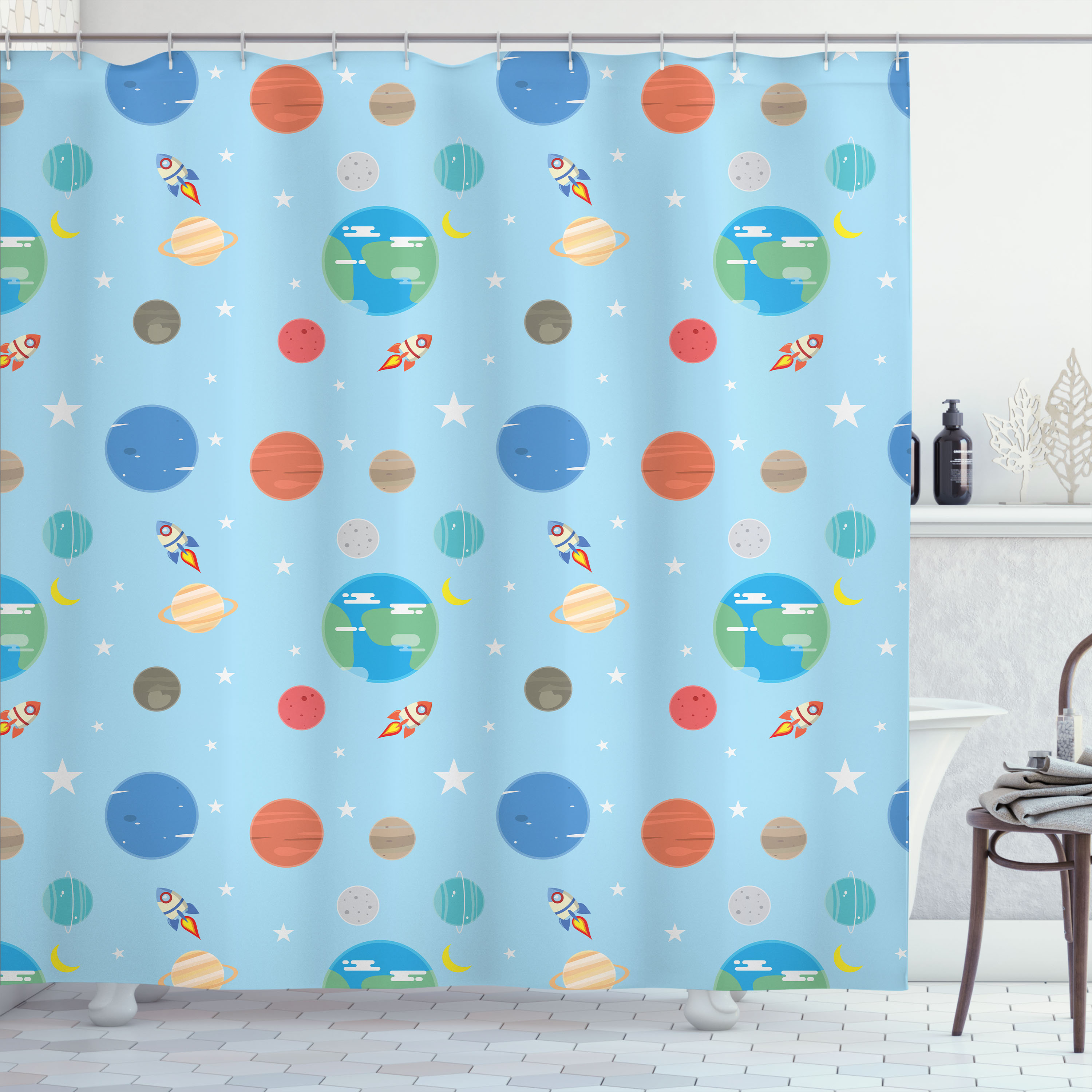Ambesonne Space Shower Curtain Colorful Galactic Elements Pale Blue and ...