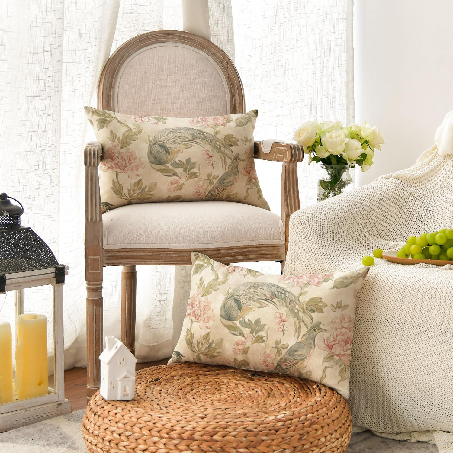 NEUTRALPOSTURE Chinoiserie Flowers Birds Light Green Throw Pillow ...