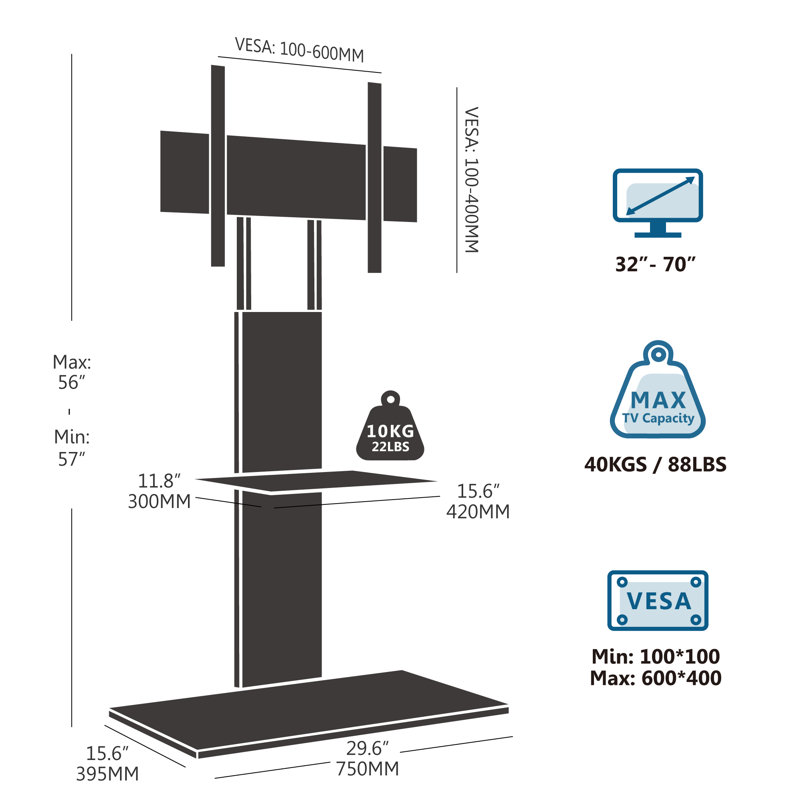 Ebern Designs Johneice Floor TV Stand for 32-70 Inch TV with Double ...