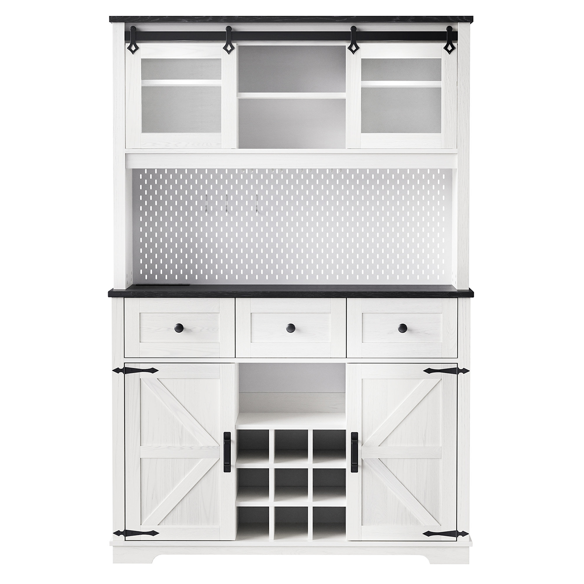 Gracie Oaks Farmhouse Pantry Cabinet With Sliding Doors, Power Outlet ...