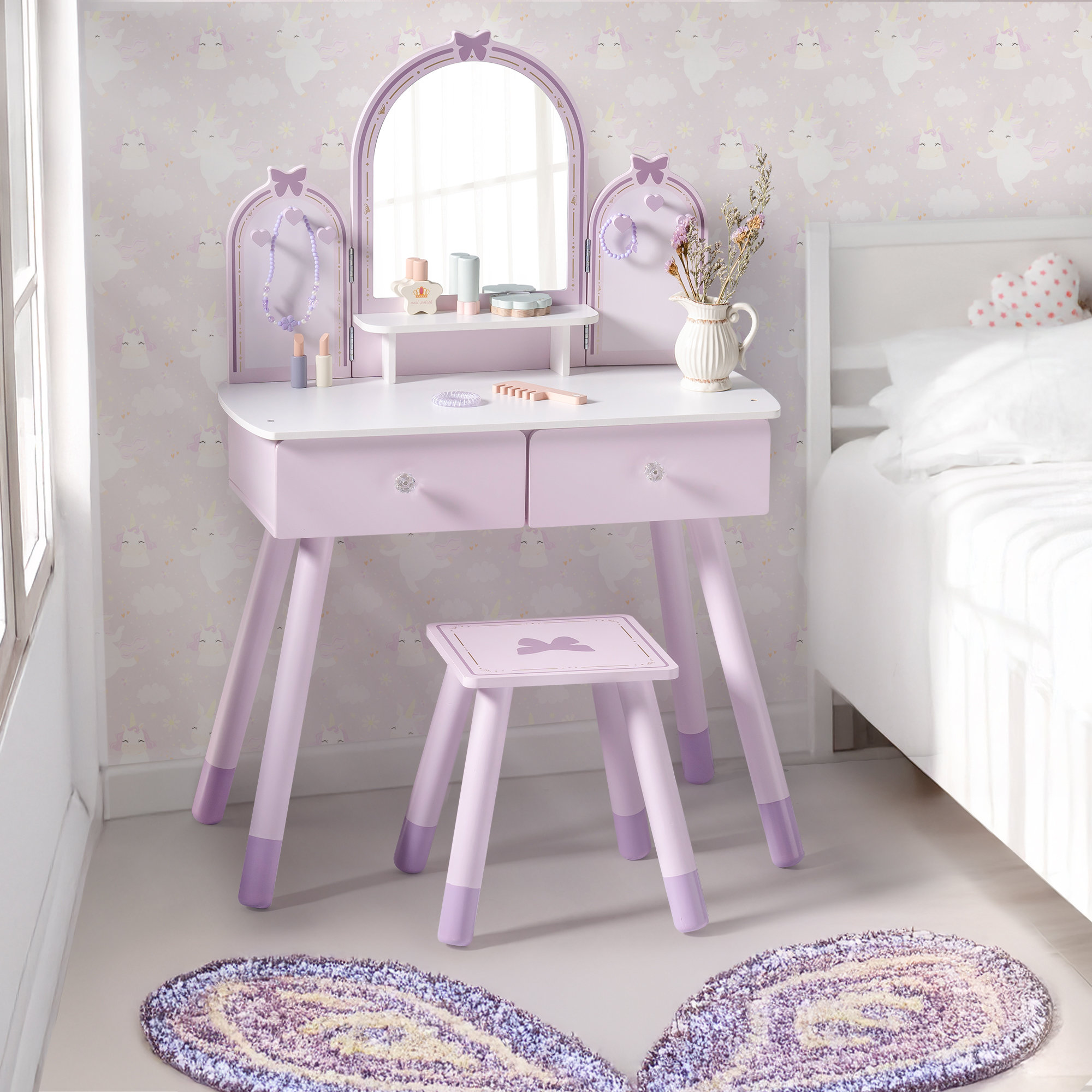 House of Hampton Kids Butterfly 2-pc Makeup Vanity Table & Stool ...