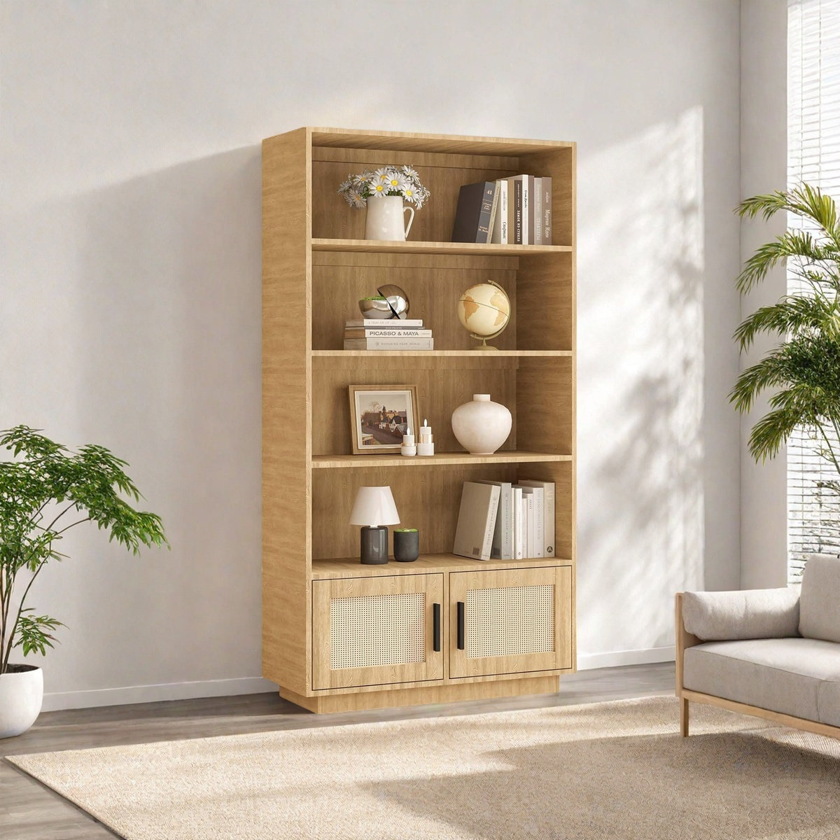 Bay Isle Home™ 5 Tier Bookshelf, Boho Bookcase With Rattan Doors ...