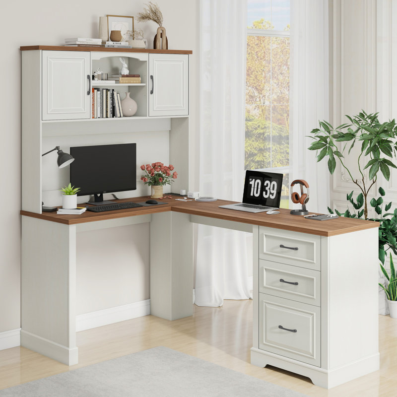 Gracie Oaks Farmhouse L Shaped Executive Desk With Hutch | Wayfair