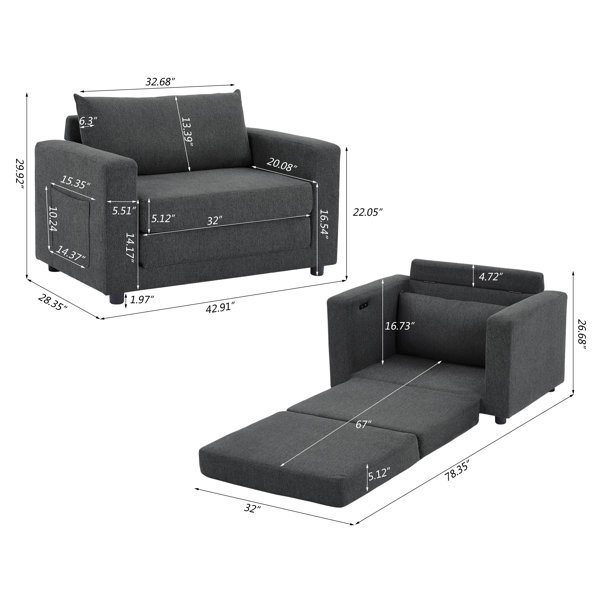 Ebern Designs Beverlye Convertible Sleeper Chair, Accent Chair with USB ...