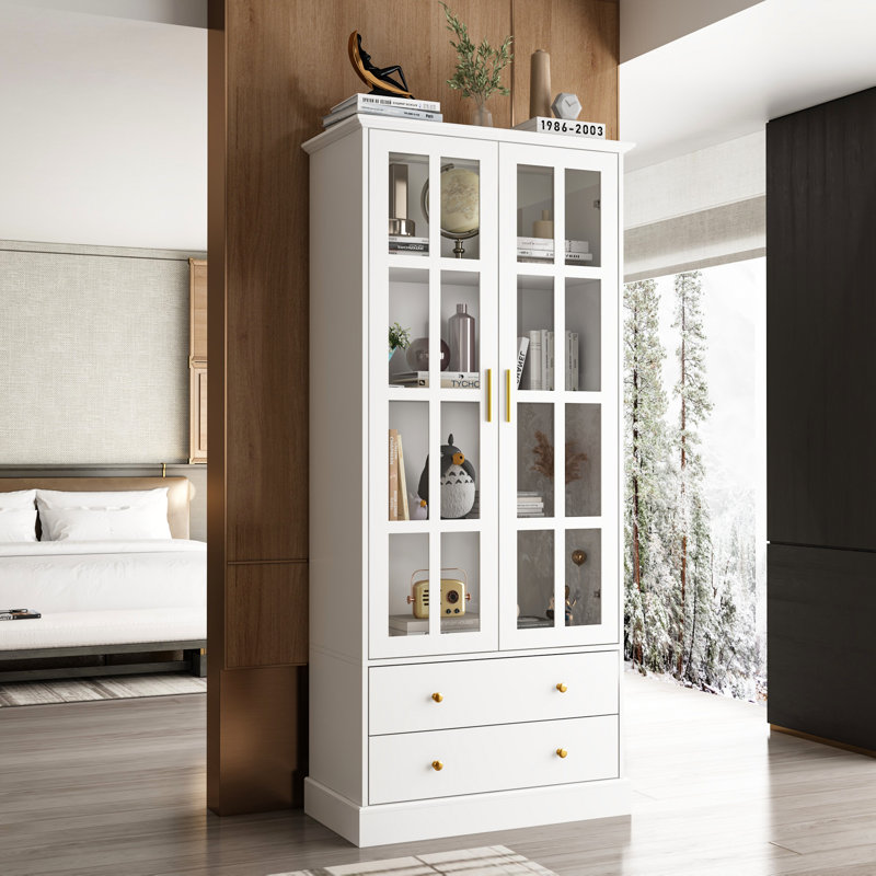 Winston Porter Display Cabinet With Tempered Glass Door And 2 Drawers ...