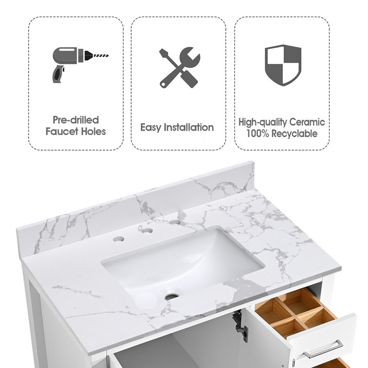 Stenstil 37'' Engineered Stone Single Vanity Top with Sink Faucet Holes ...