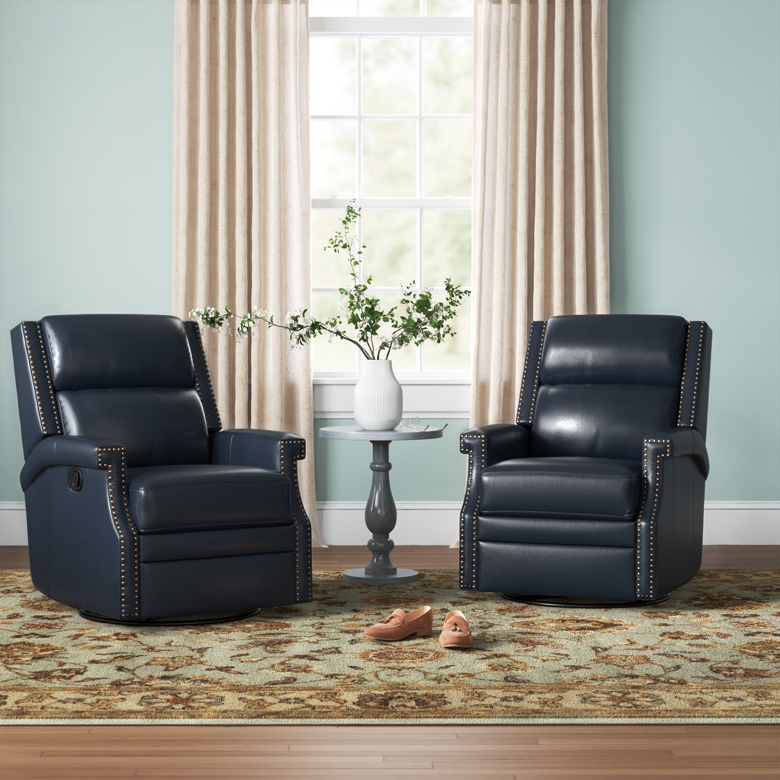 Manning 29.6 Wide Genuine Leather Manual Swivel Rocking Standard Recliner Set of 2 The Twillery Co. Leather Type Navy Genuine Leather