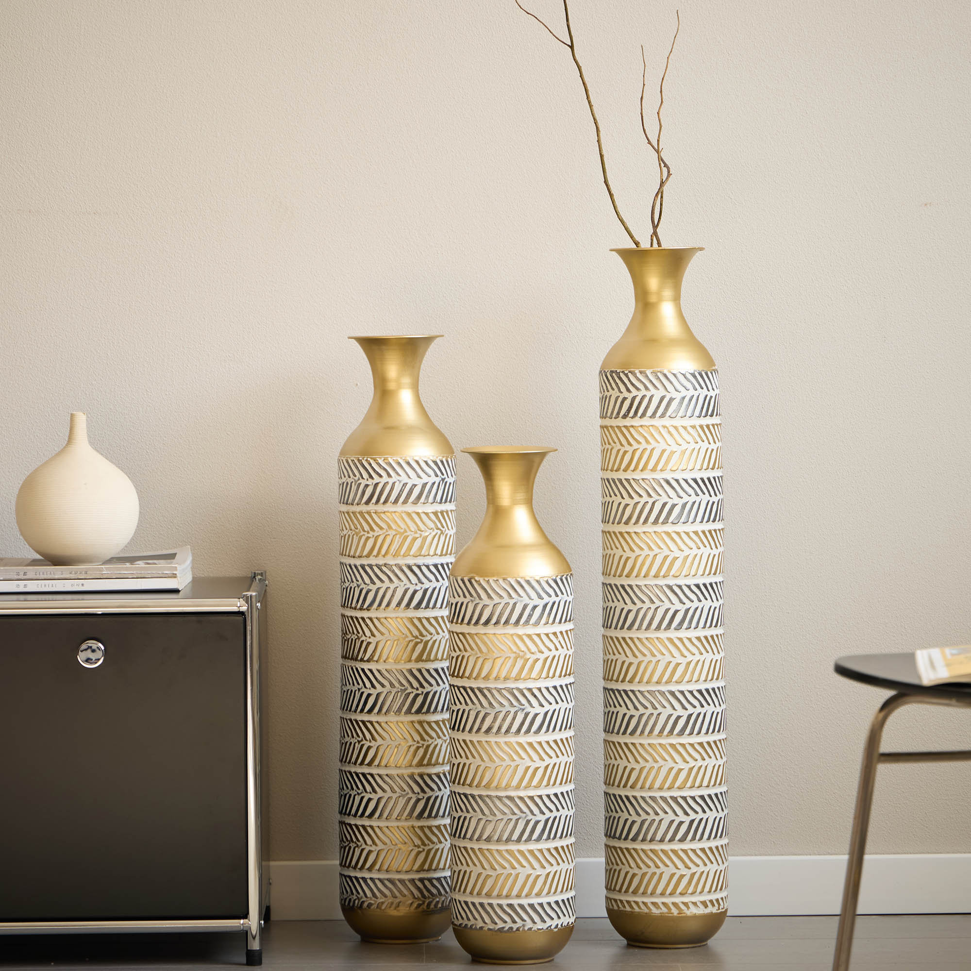Mercer41 3-Piece Retro Metal Floor Vase, Tall Large Vase with Chevron ...