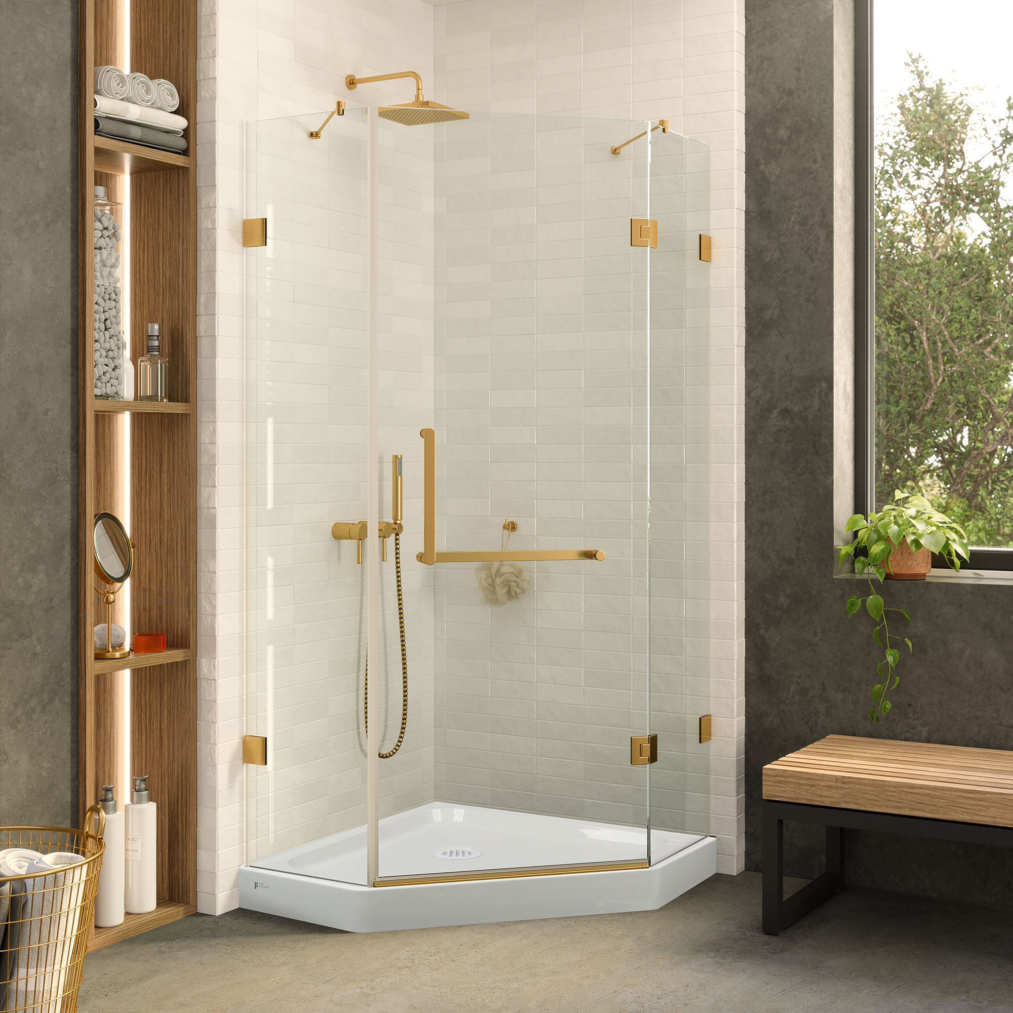 Fine Fixtures Neo Angle Shower Base with Compatible Glass Frameless ...