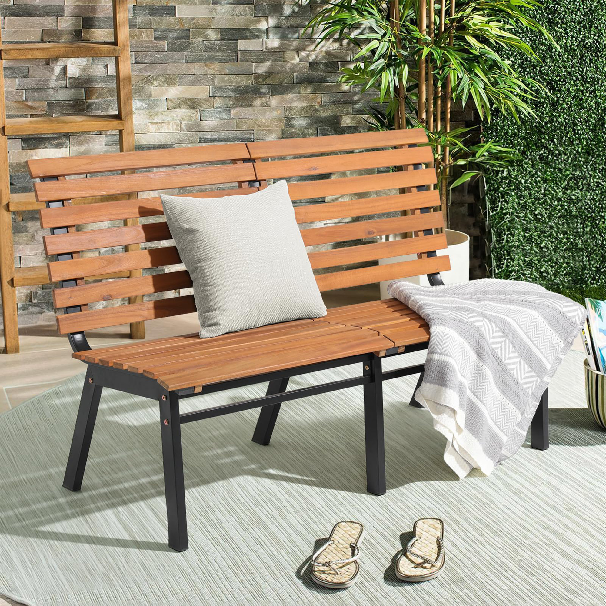 Latitude Run® Outdoor Wooden Garden Bench With Steel Legs, Patio Porch ...