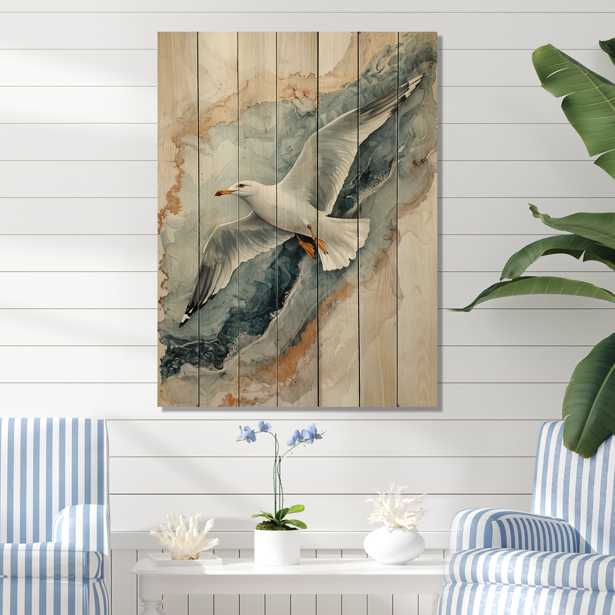 Ophelia & Co. Coastal Seagull Marble Wings Over The Waves II - Seagull ...