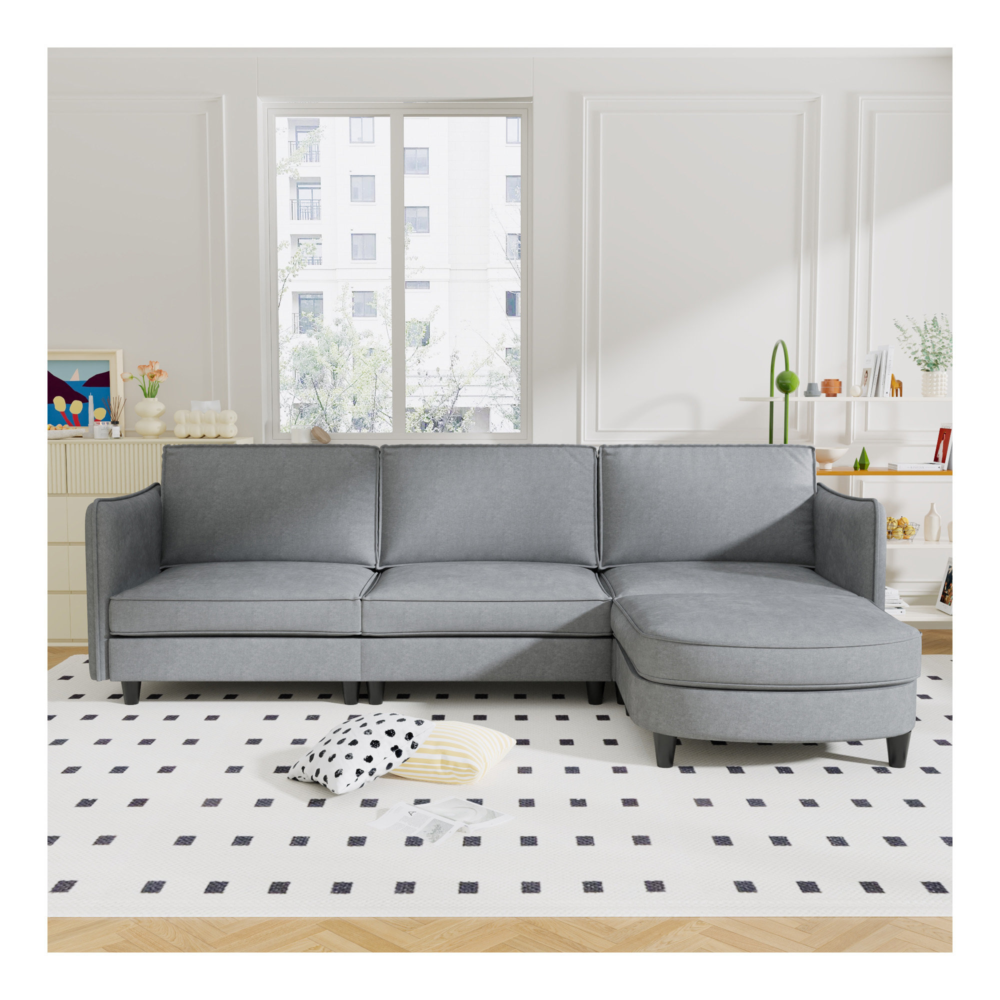 Latitude Run® 107.8'' Large Size 3 Seater Sofa Couch, L-Shaped Sofas with Movable Ottoman, Arm ...